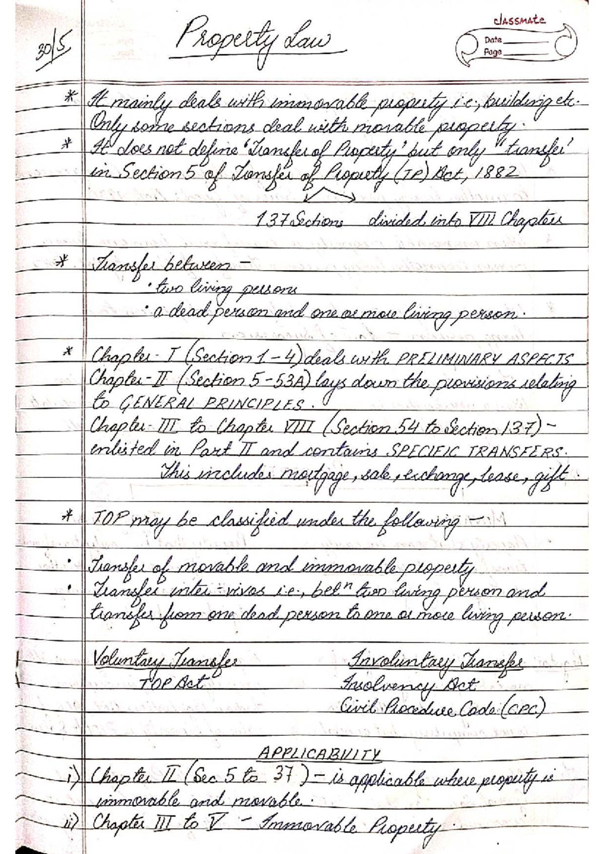 Property Law Notes (Classmate) - Transfer of Property Act Overview ...