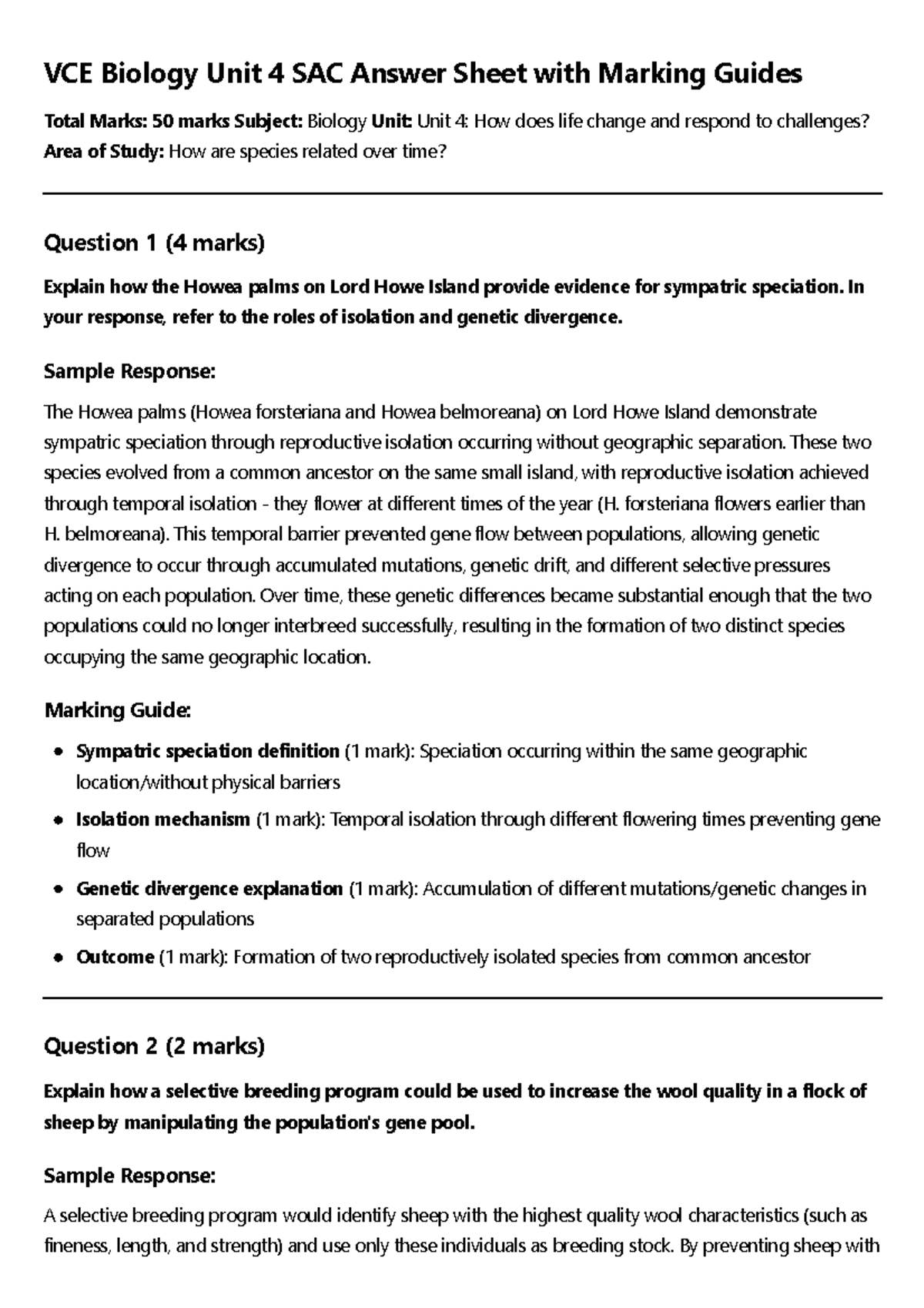 VCE Biology Unit 4 SAC Answer Sheet & Marking Guides - Studocu