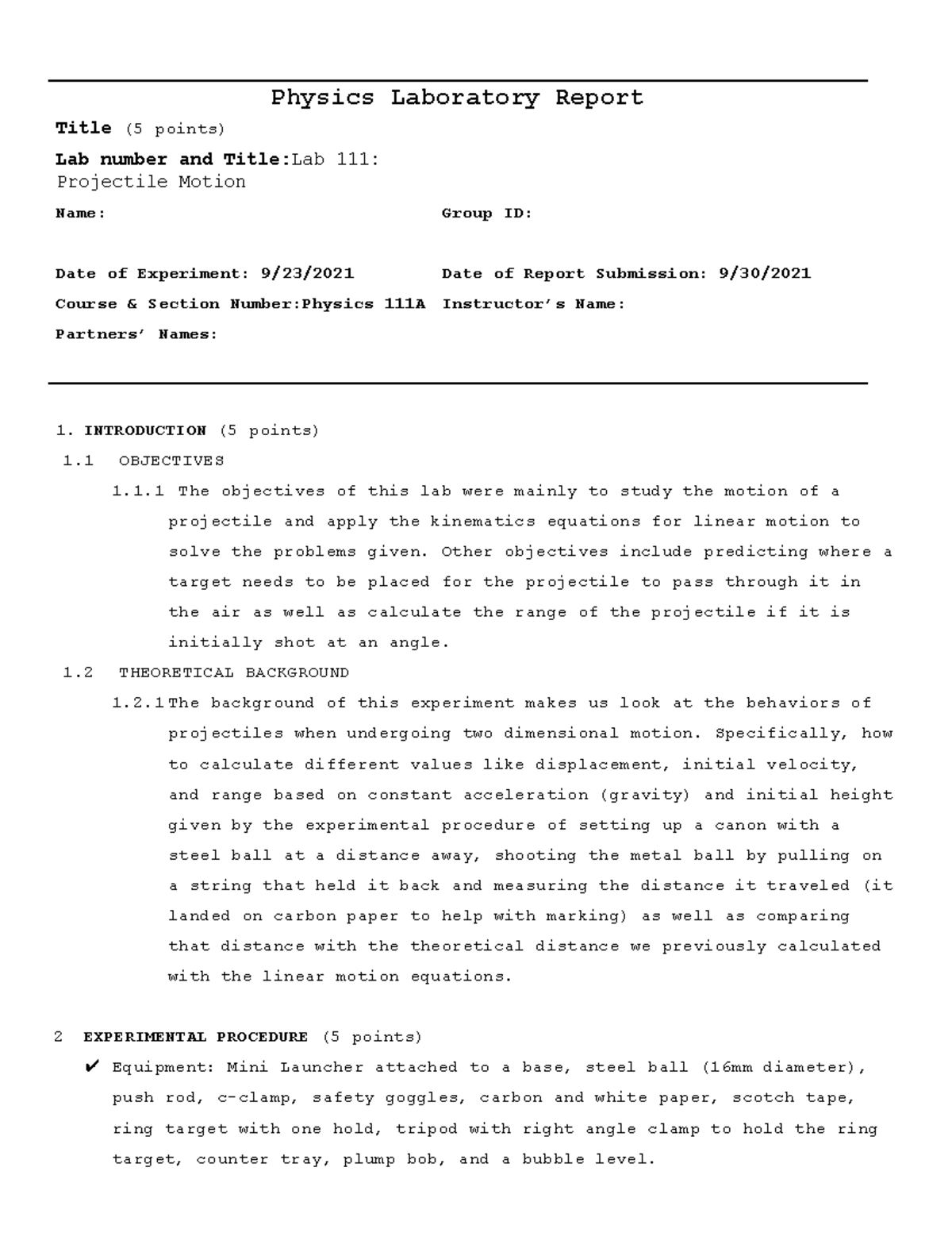 Lab 111: Projectile Motion Experiment Report and Results - Studocu