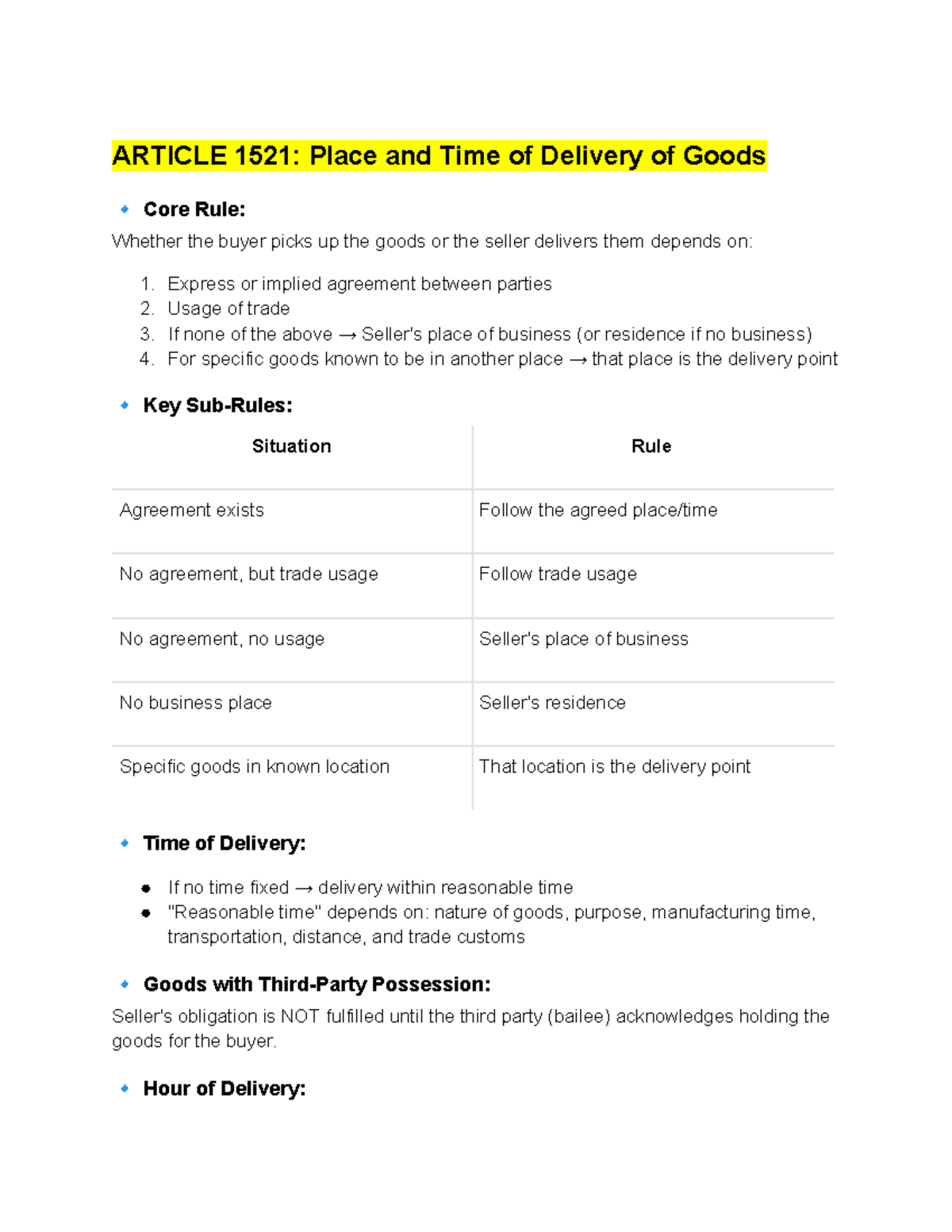 LAW 1521: Delivery of Goods - Key Rules and Examples - Studocu