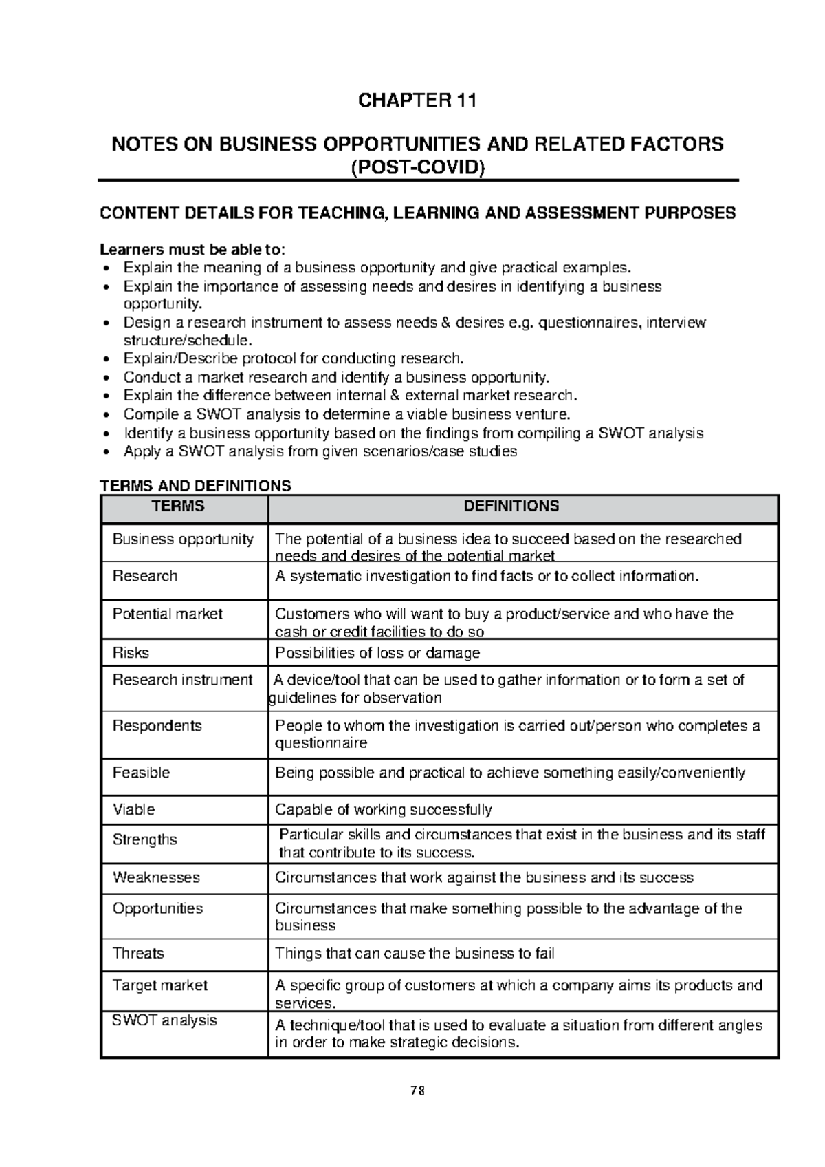 CHAPTER 11 NOTES: BUSINESS OPPORTUNITIES & SWOT ANALYSIS - Studocu