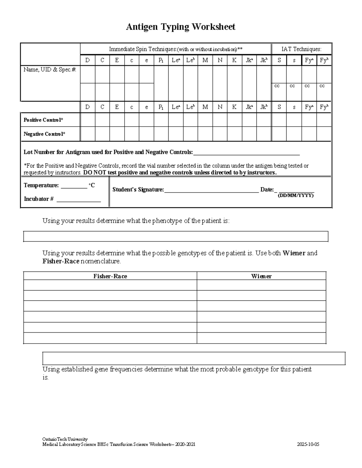 Antigen Typing Worksheet for Rh Genotype (BHSc Transfusion Science ...
