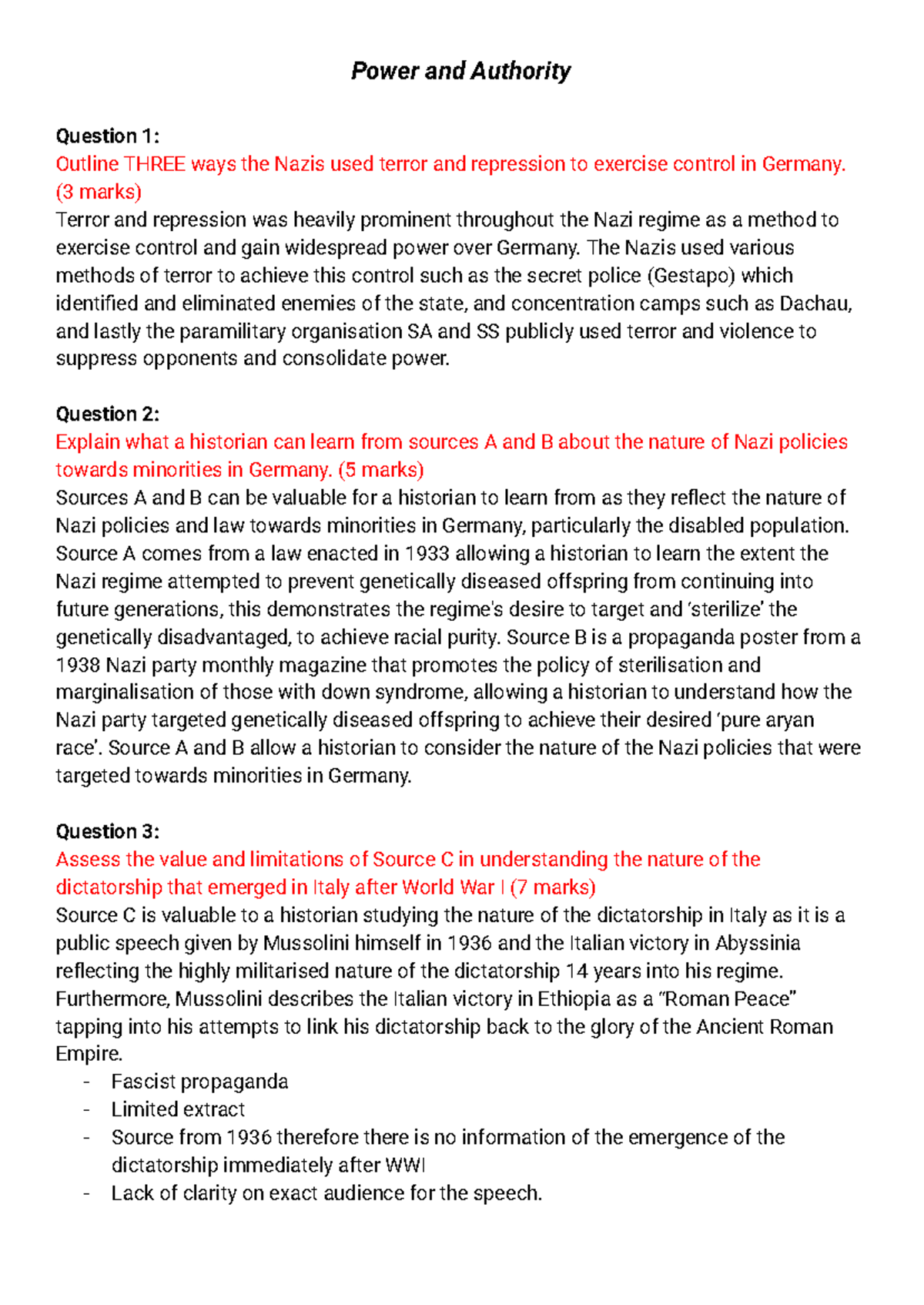 Power and Authority - Practice Questions on Nazi Control and Policies - Studocu