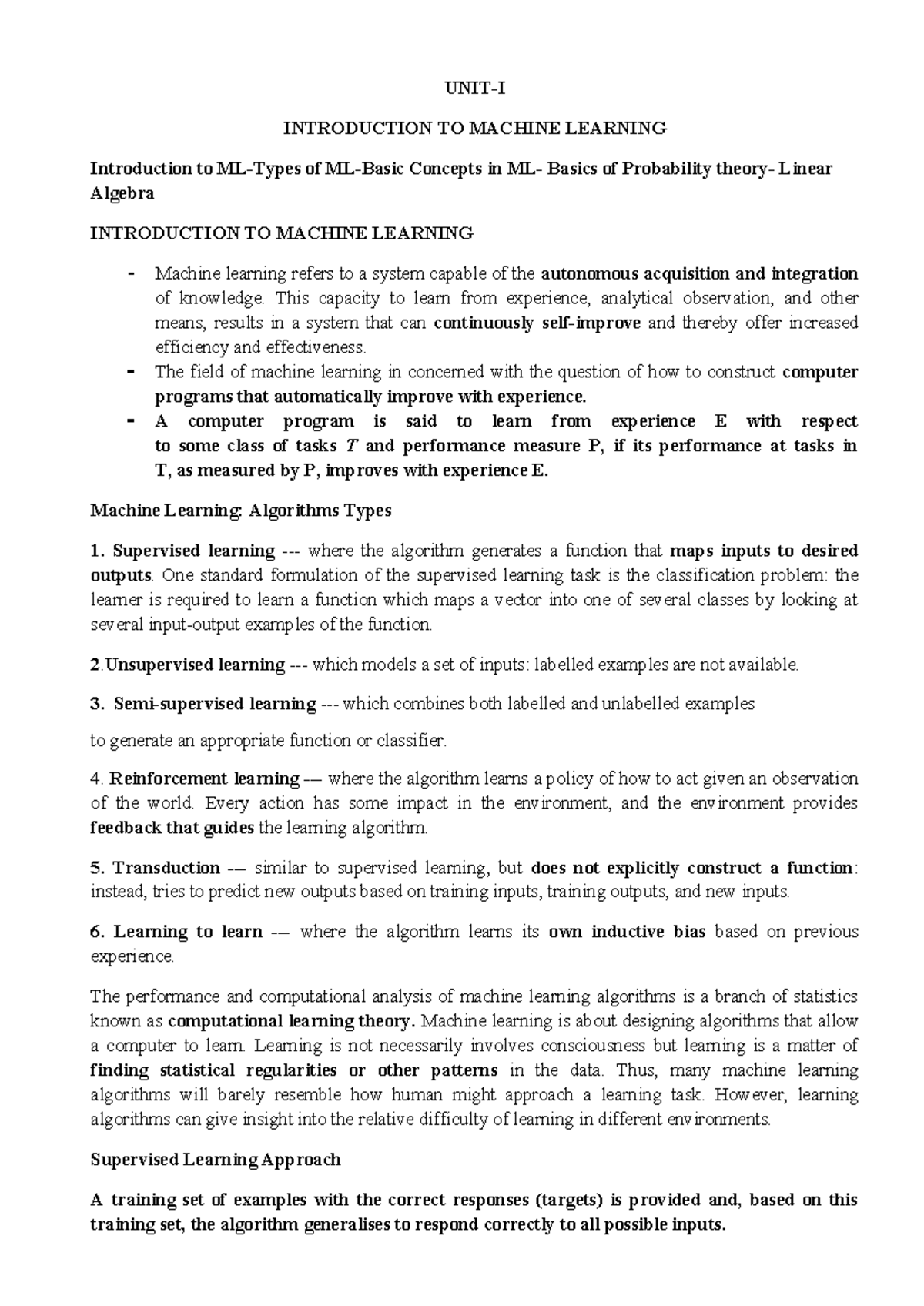 UNIT-I: Lecture Notes on Machine Learning Concepts and Algorithms - Studocu