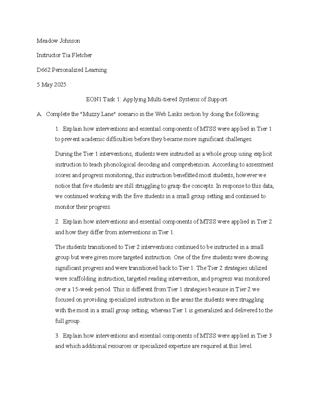 D662 EON1 Task 1 - MTSS Strategies for Academic Support and Behavior ...