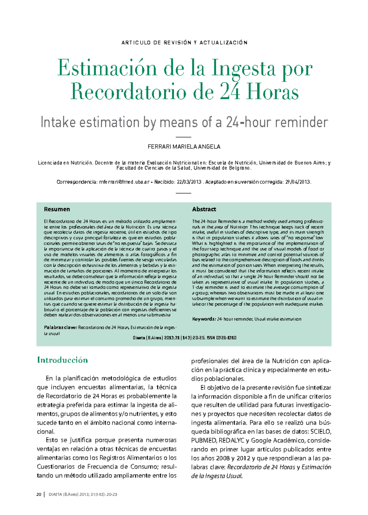 ARTÍCULO DE REVISIÓN: Estimación de Ingesta con Recordatorio 24hs - Studocu
