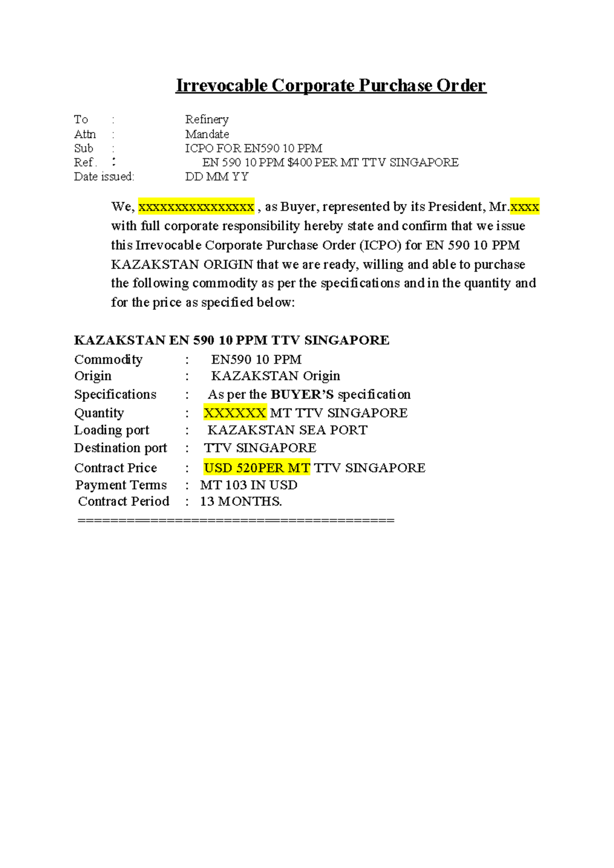 Irrevocable Corporate Purchase Order (ICPO) for EN590 10 PPM - Studocu