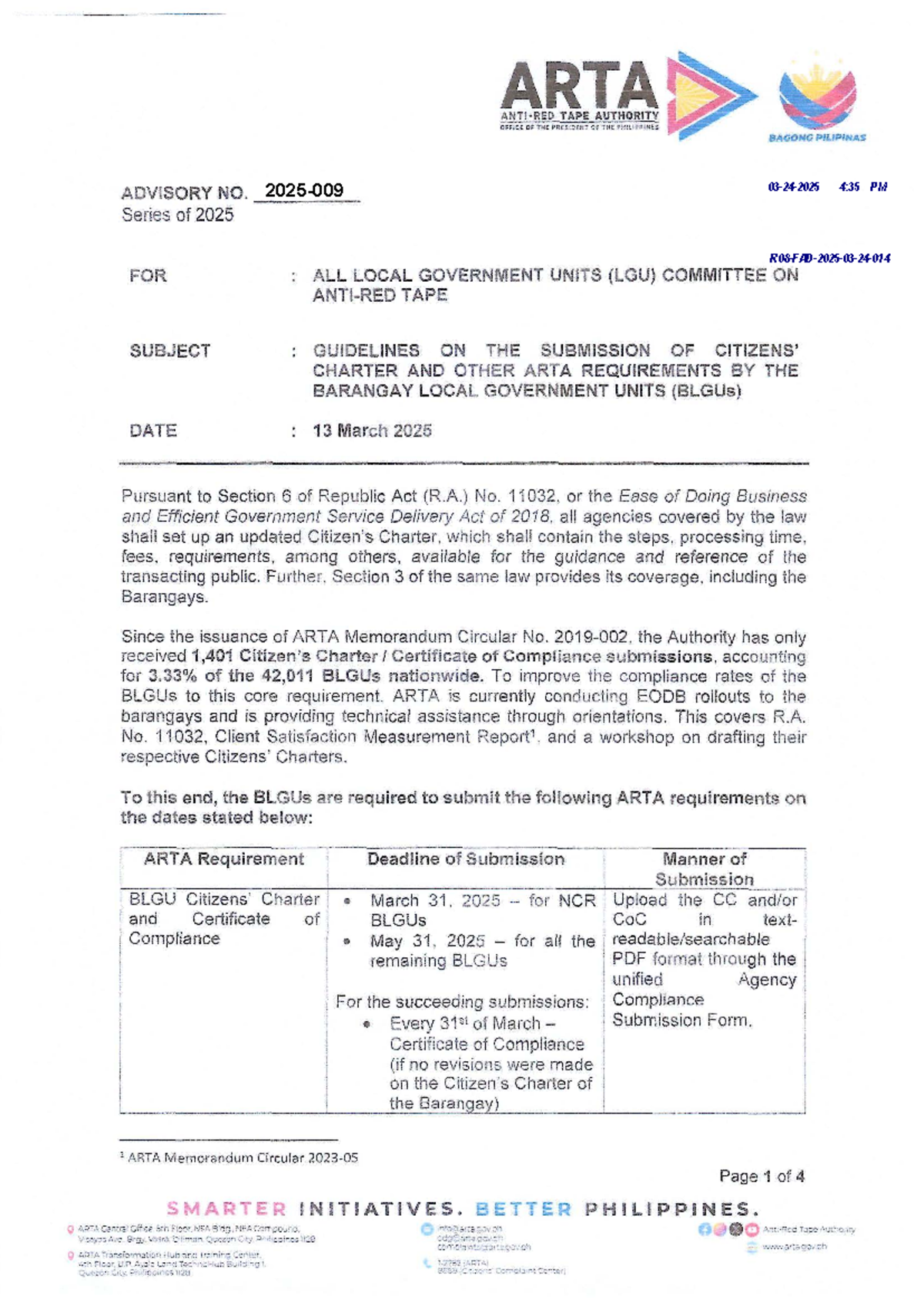 Guidelines for BLGU Charter Submission - ARTA Advisory No. 4:35 PM ...