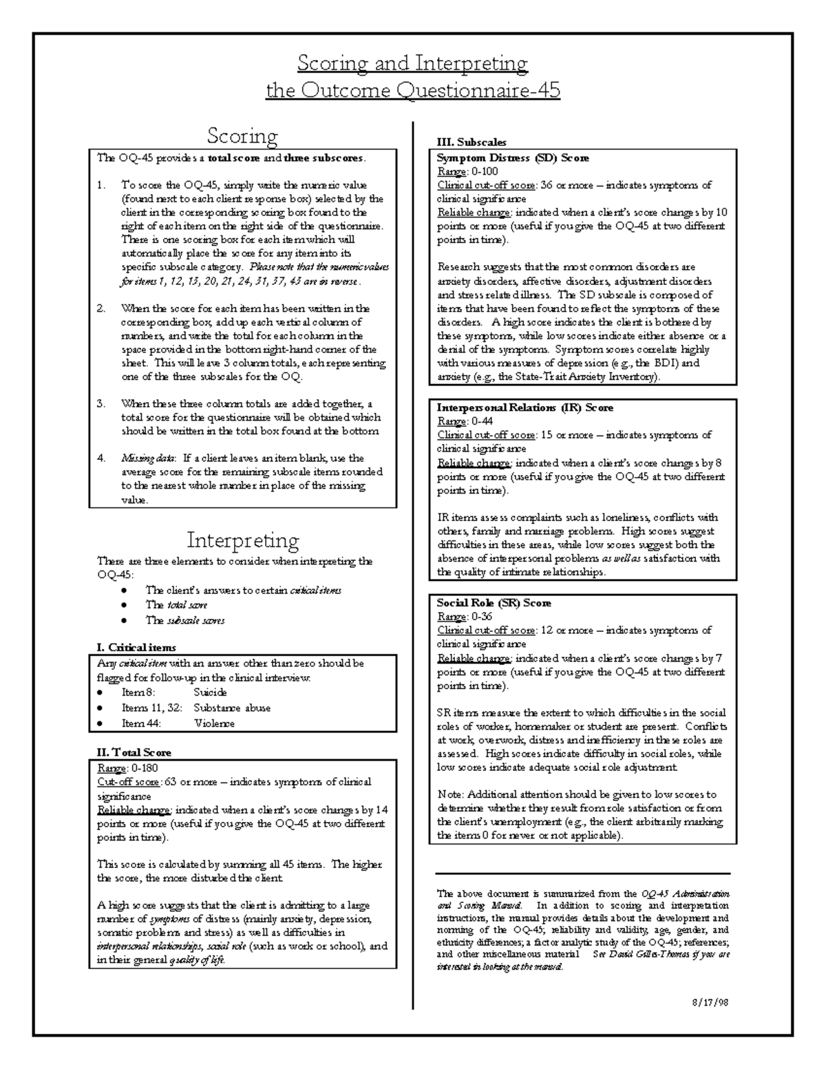 OQ Scoring & Interpretation Guide: Key Insights & Procedures - Studocu