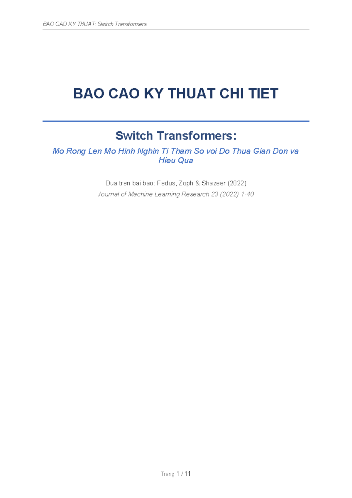 BAO CAO KY THUAT: Switch Transformers - Mo Hinh Va Giai Phap - Studocu