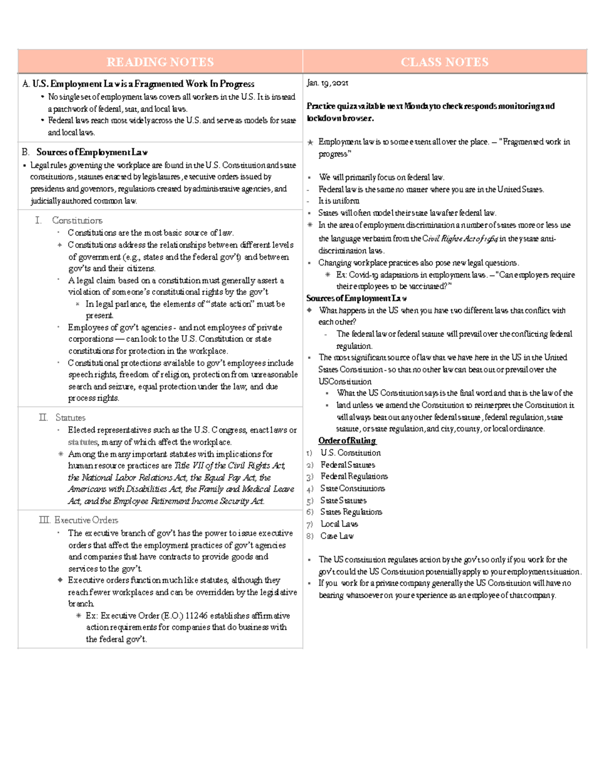 U.S. Employment Law Overview: Class Notes for Test 1 Practice - Studocu
