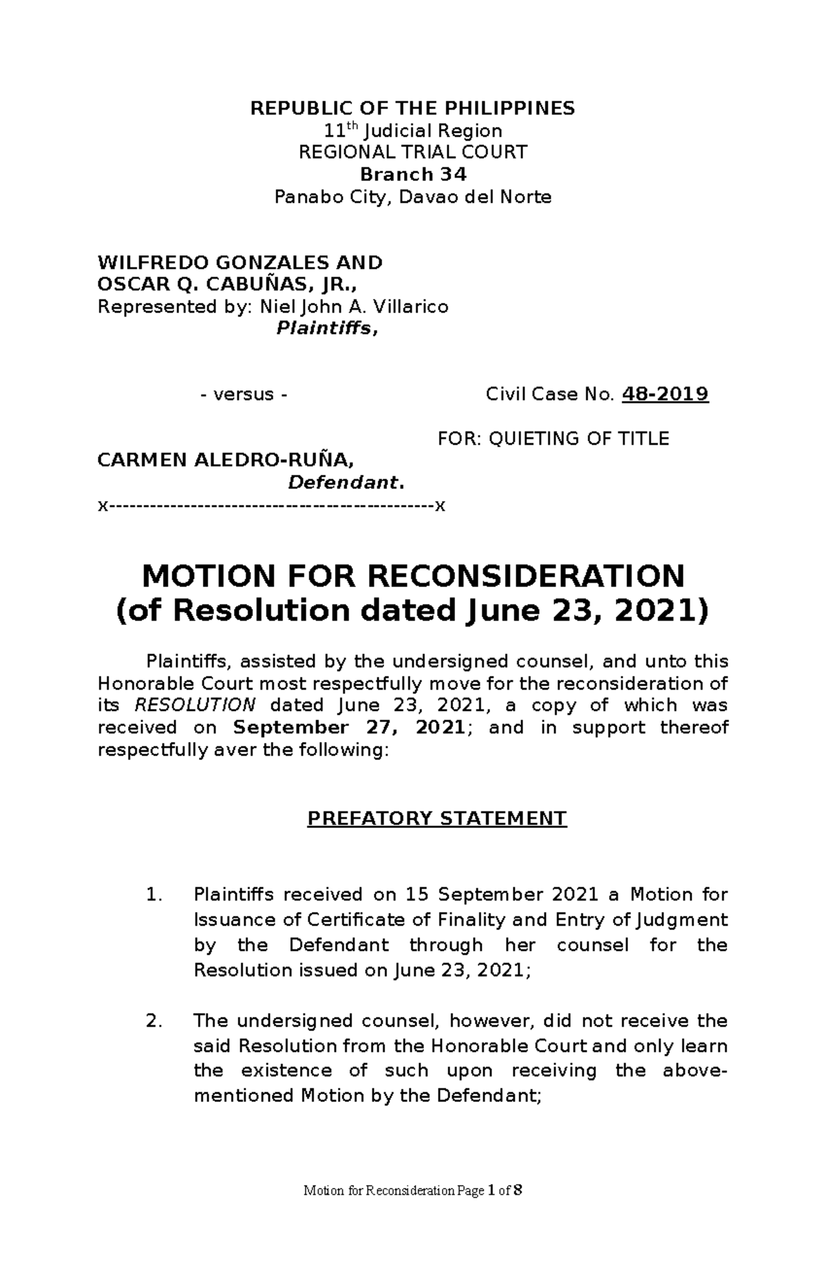 Civil Case No. 534172432: Motion for Reconsideration on Quieting of ...