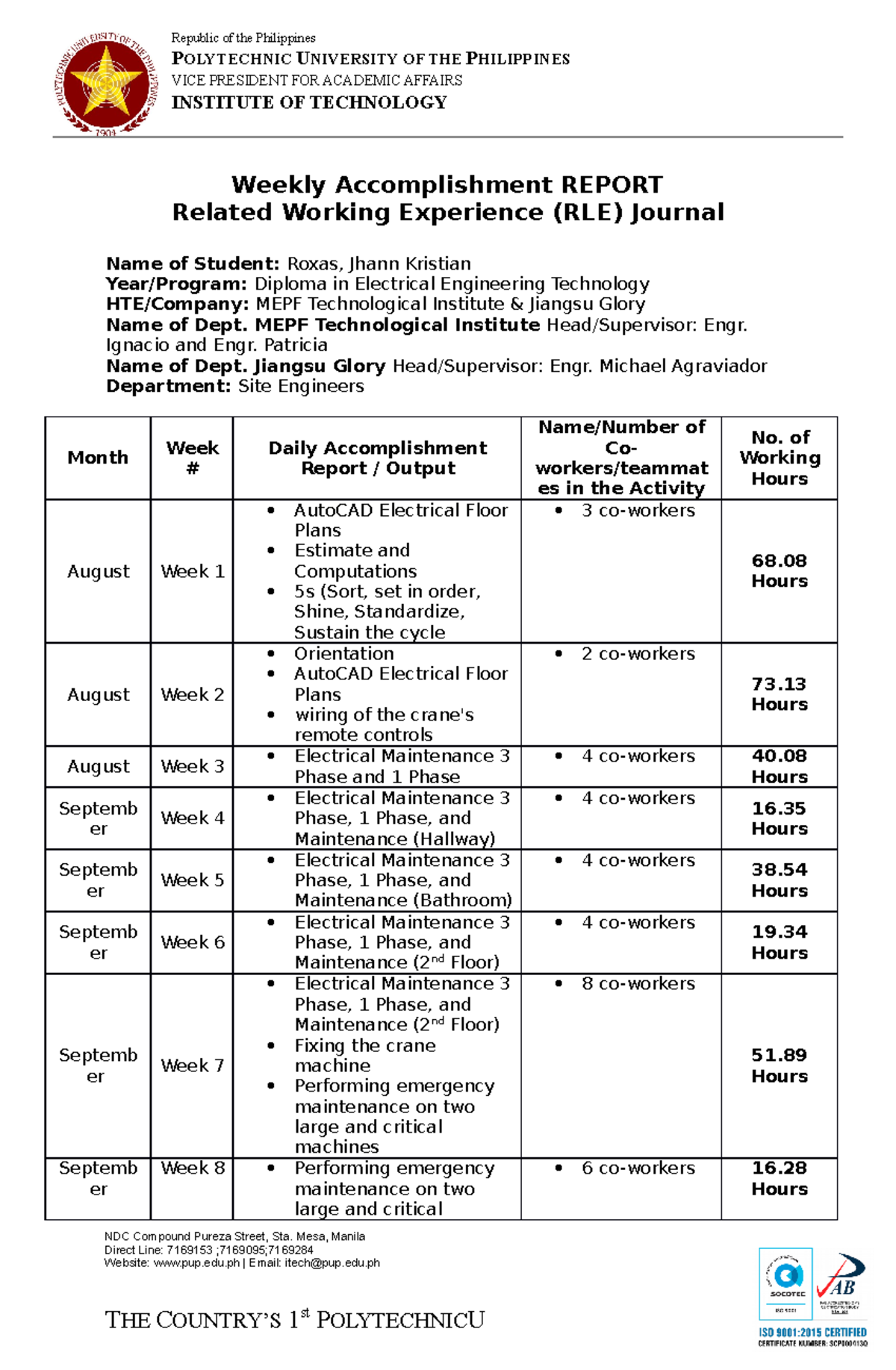 Weekly Accomplishment Report for Electrical Engineering Internship ...