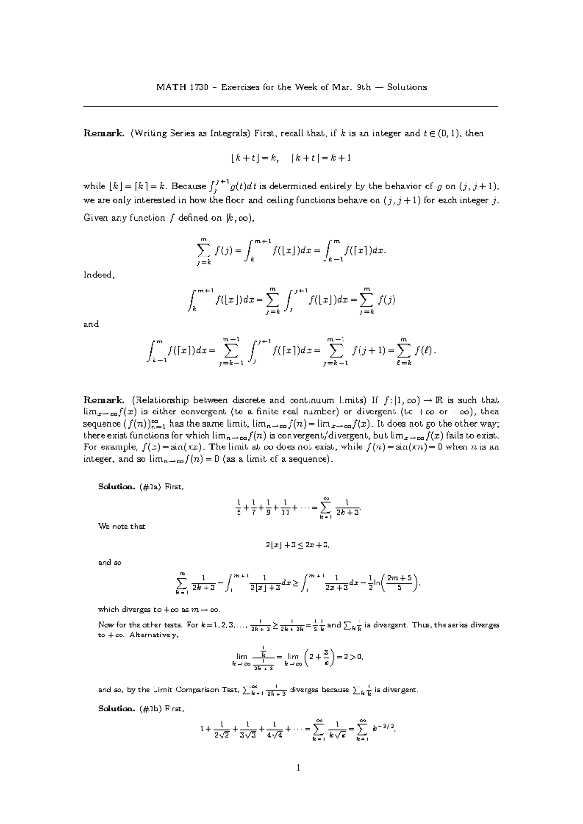 MATH 1730 Exercise Set 8 Solutions (Integrals and Series) - Studocu