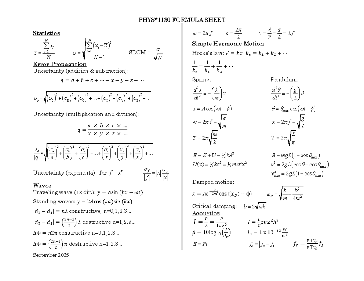 1130 Formula Sheet F 2025: Statistics & Error Propagation - Studocu