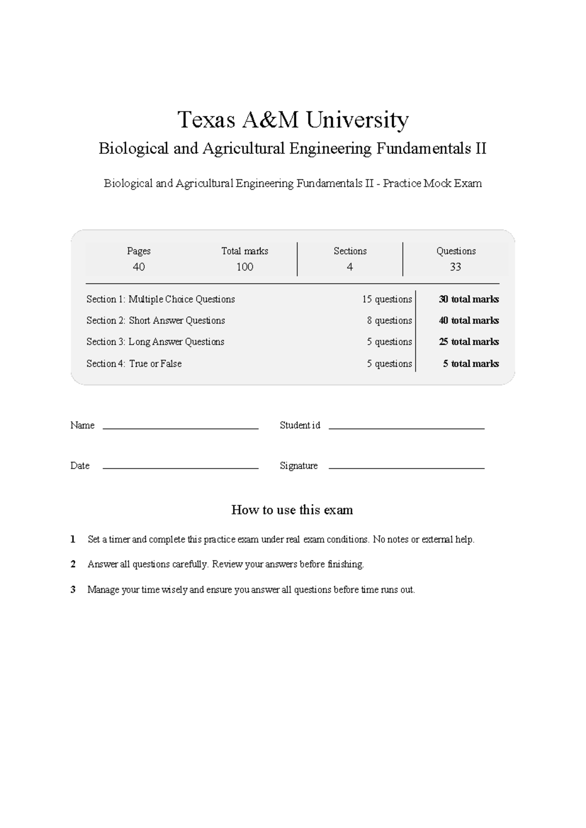 BAEN 302 Biological & Agricultural Engineering II Practice Test 2026 ...