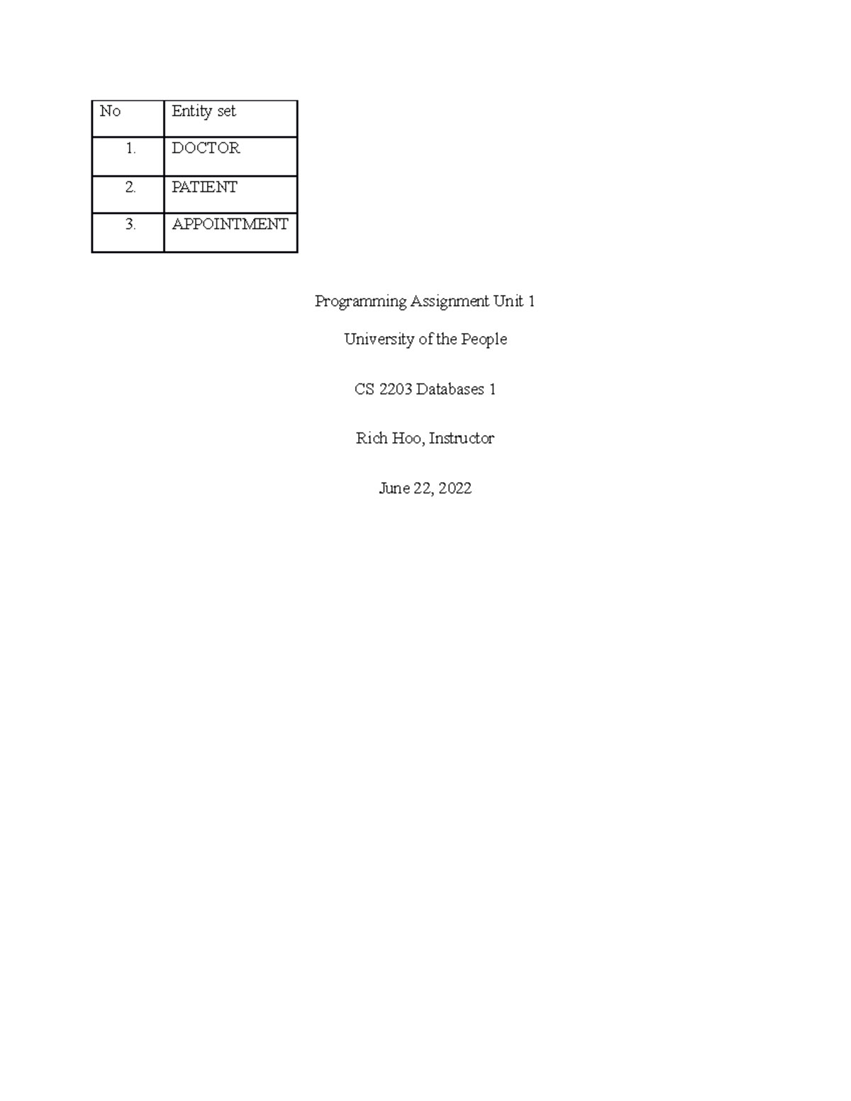 CS 2203 Programming 1 - No Entity set DOCTOR PATIENT APPOINTMENT Programming Assignment Unit 1 ...