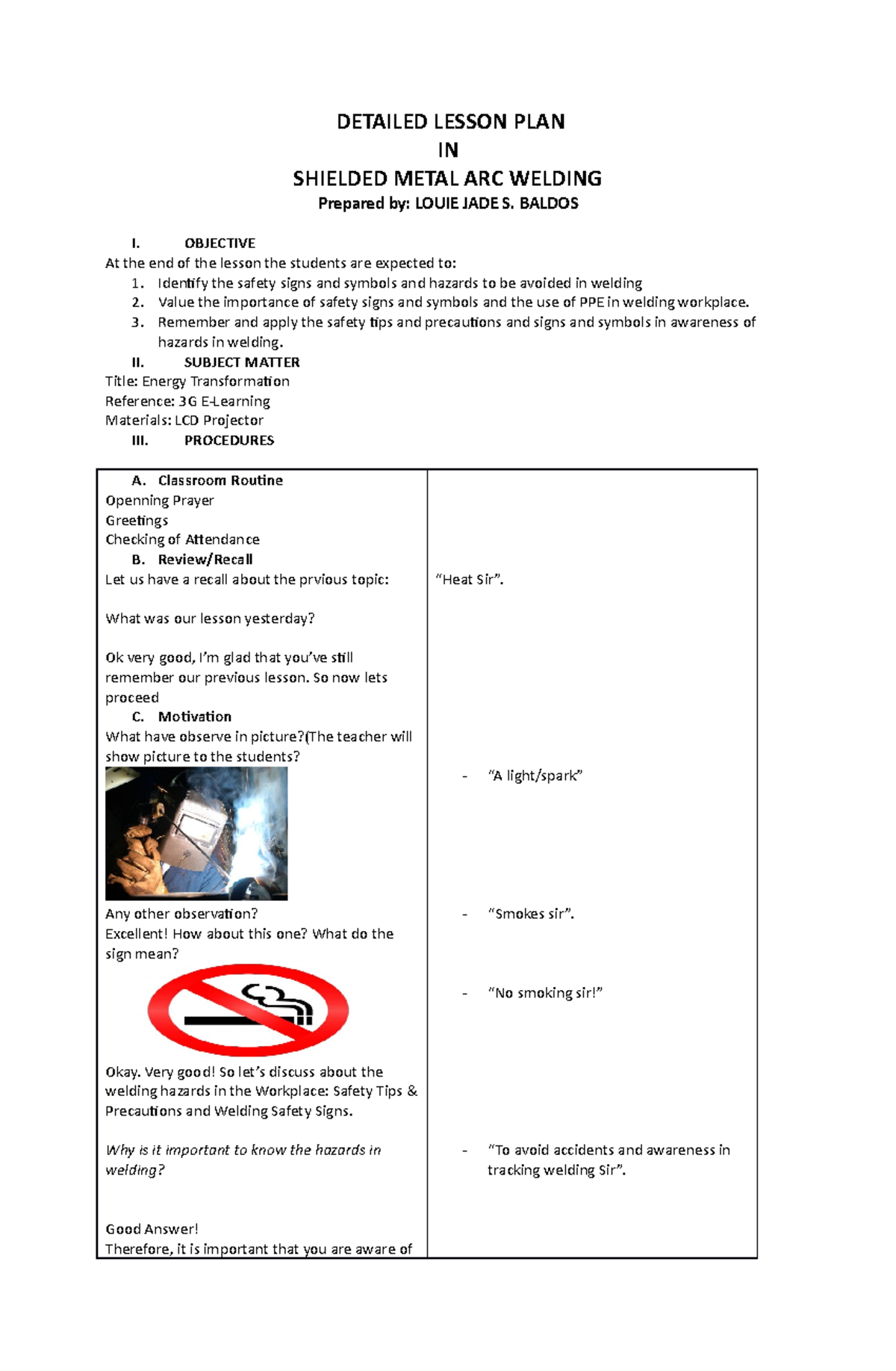 Detailed Lesson Plan on Shielded Metal Arc Welding (SMEW) - Studocu