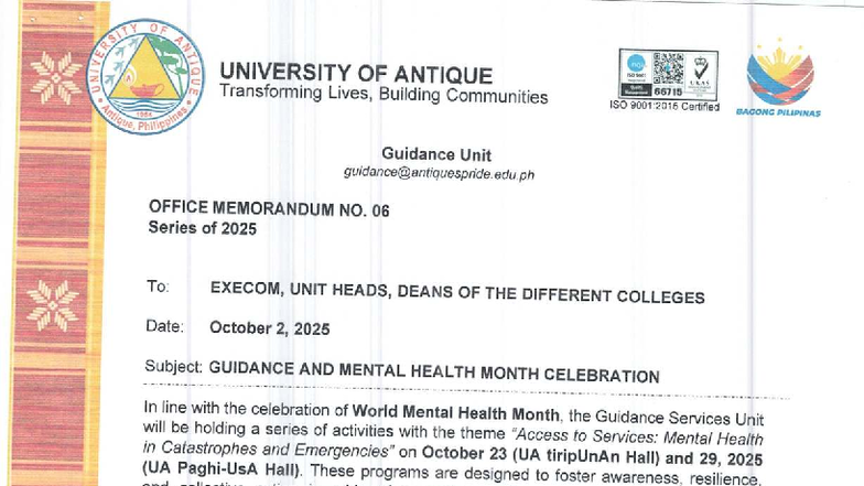 MEMO: Guidance & Mental Health Month Celebration 66715 - Studocu