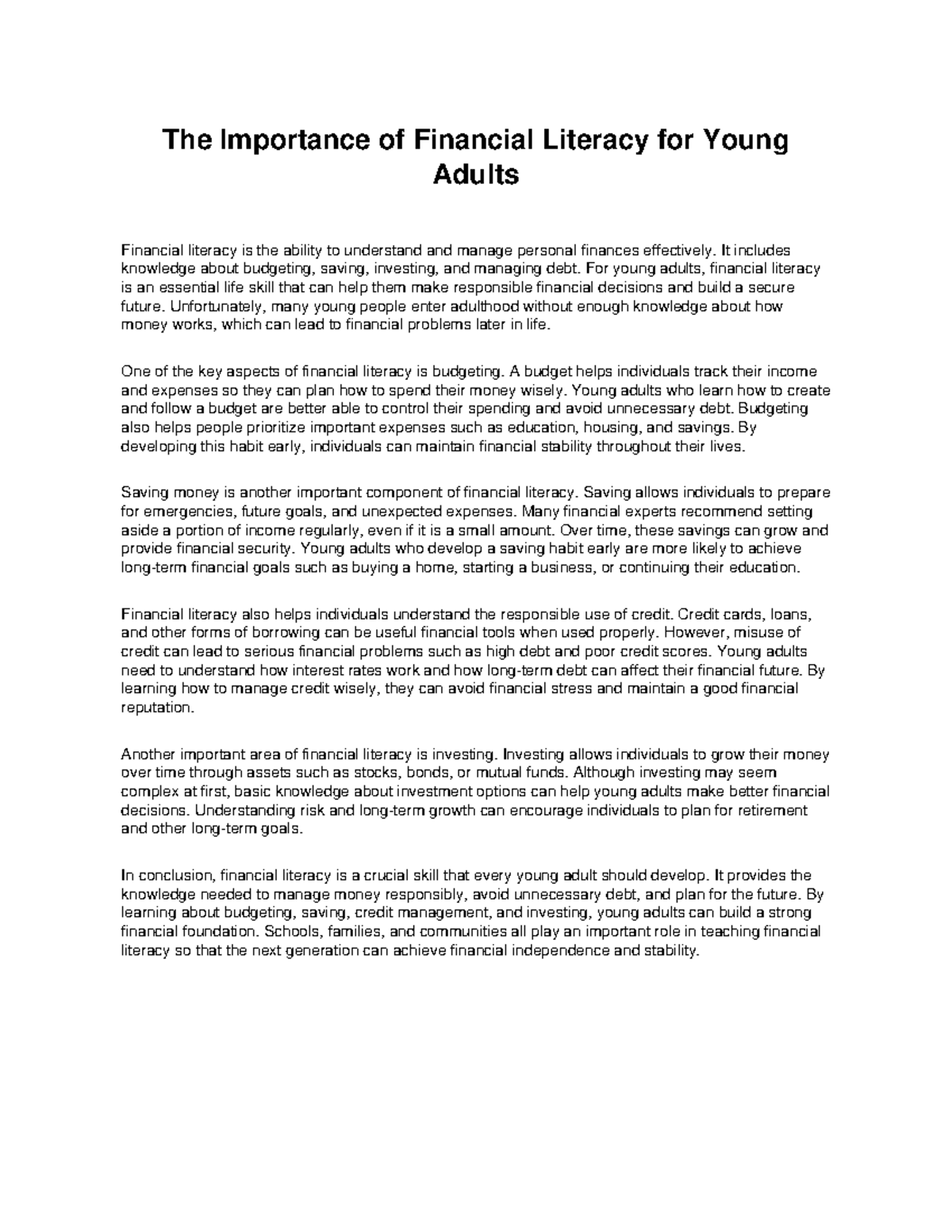 Financial Literacy Essay: Essential Skills for Young Adults - Studocu