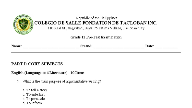Grade 11 Pre-Test: Core & Applied Subjects Examination - Studocu