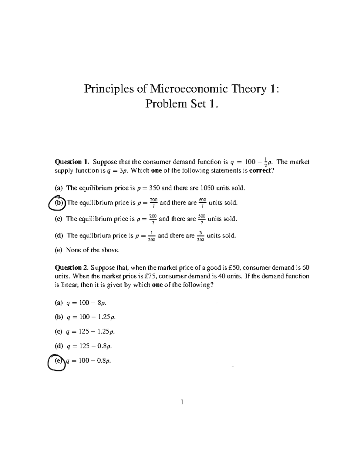 ECON10171 Principles of Microeconomic Theory: Problem Set 1 - Studocu