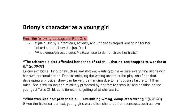 Briony's Character Analysis as a Young Girl in Atonement (ENG 101 ...