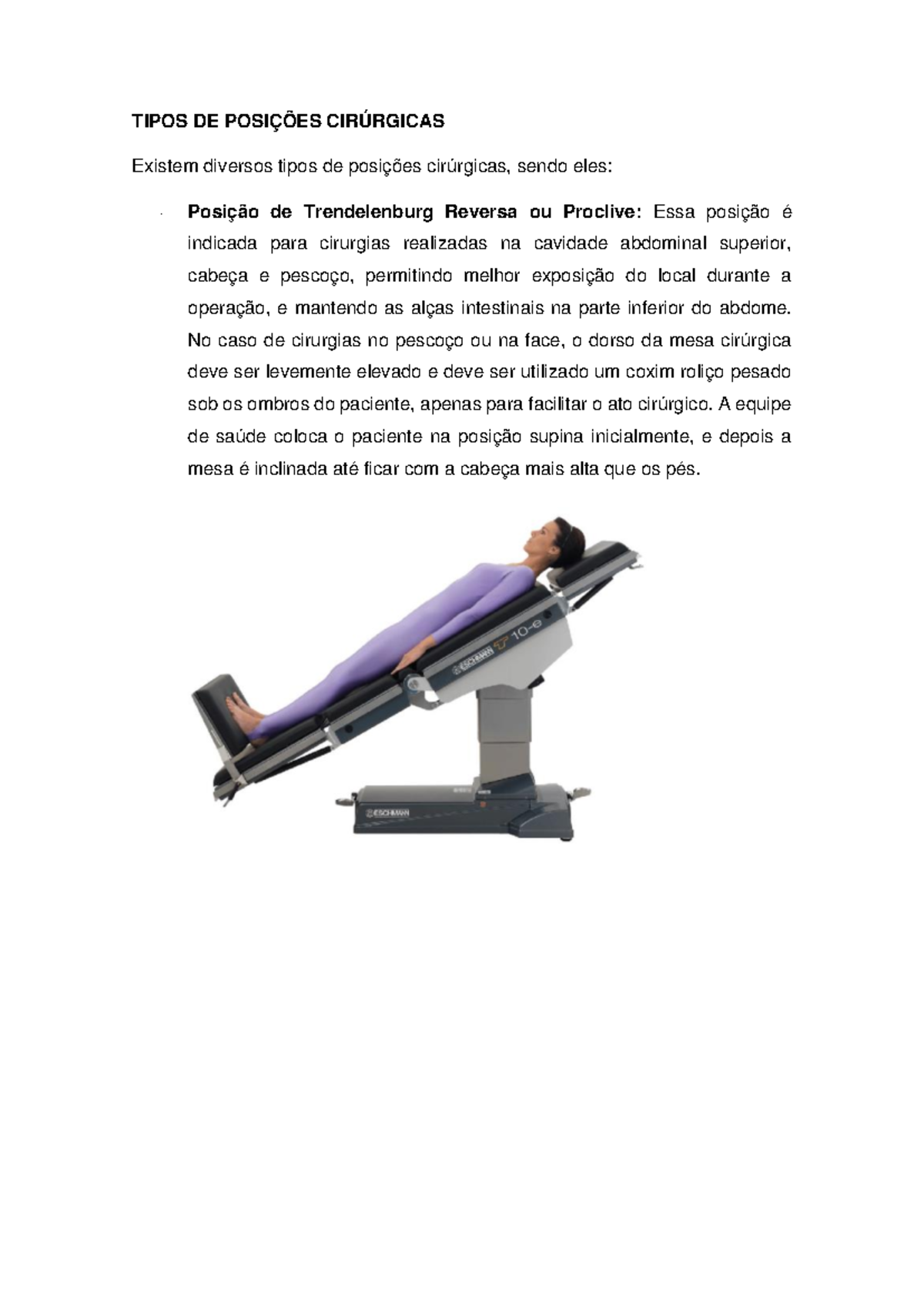 Posição Trendelenburg Reversa Centro Cirúrgico - TIPOS DE POSIÇÕES ...