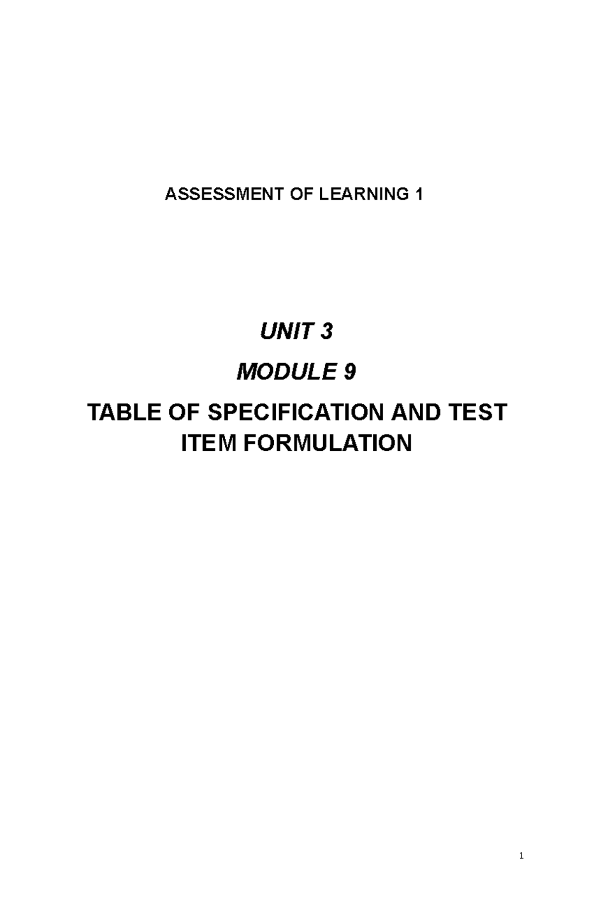 Module 9 Assessment: Formulating Tables of Specification in Learning 1 ...