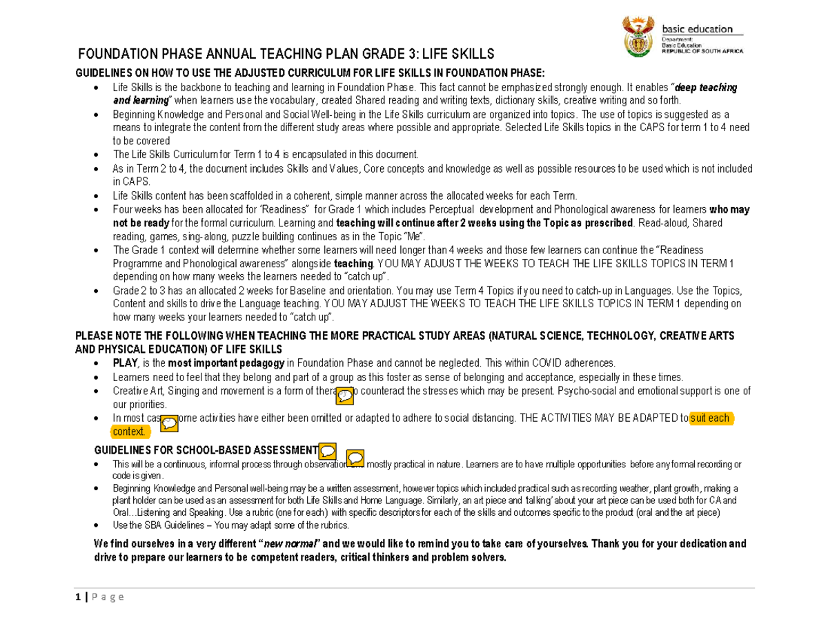 FOUNDATION PHASE ANNUAL TEACHING PLAN GRADE 3: LIFE SKILLS 2021 - Studocu