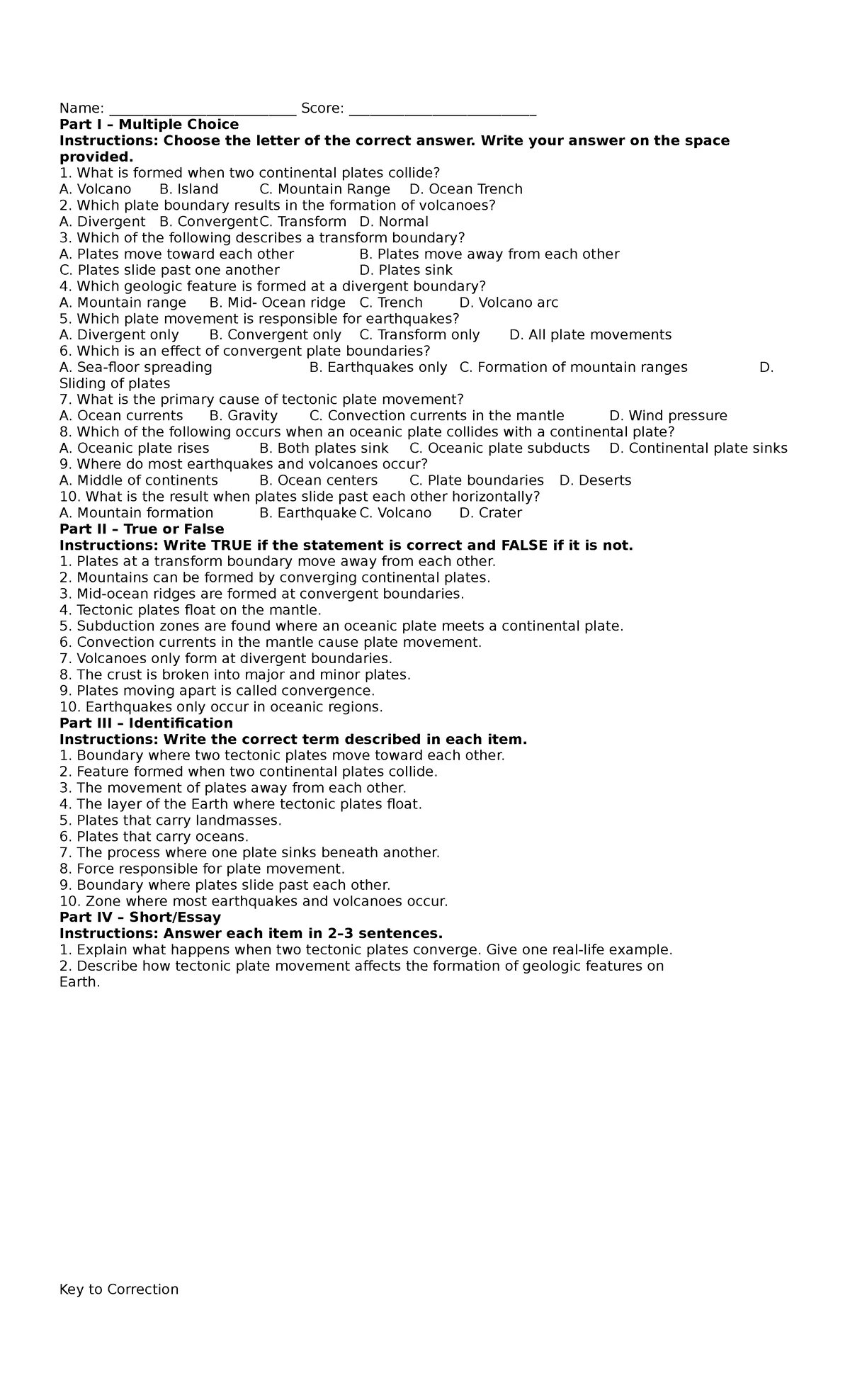 Science 10-Q1-W3-CT: Multiple Choice & True/False Review on Plate ...