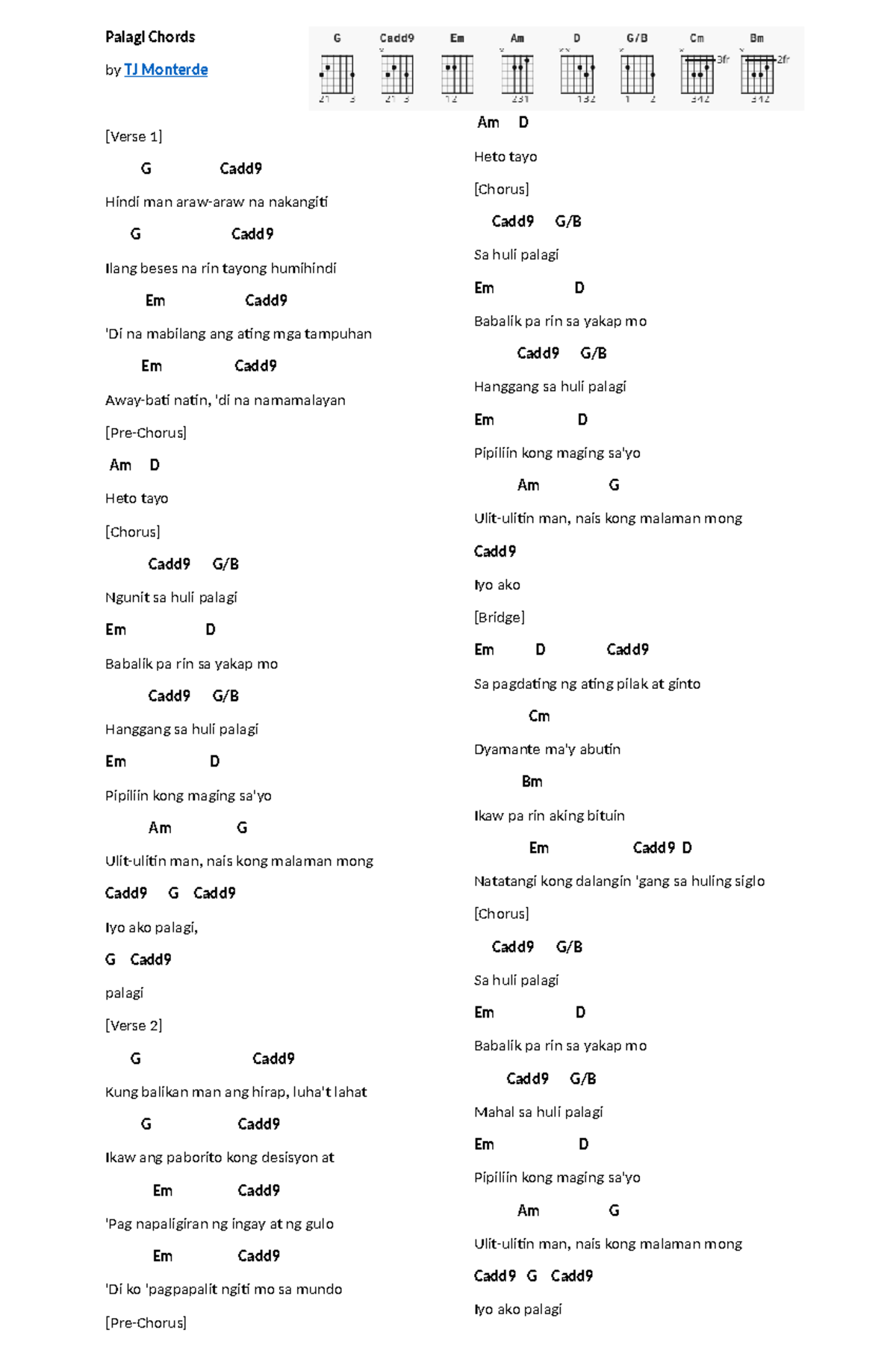Palagi Chords & Lyrics - TJ Monterde (Am G Cadd9) - Studocu