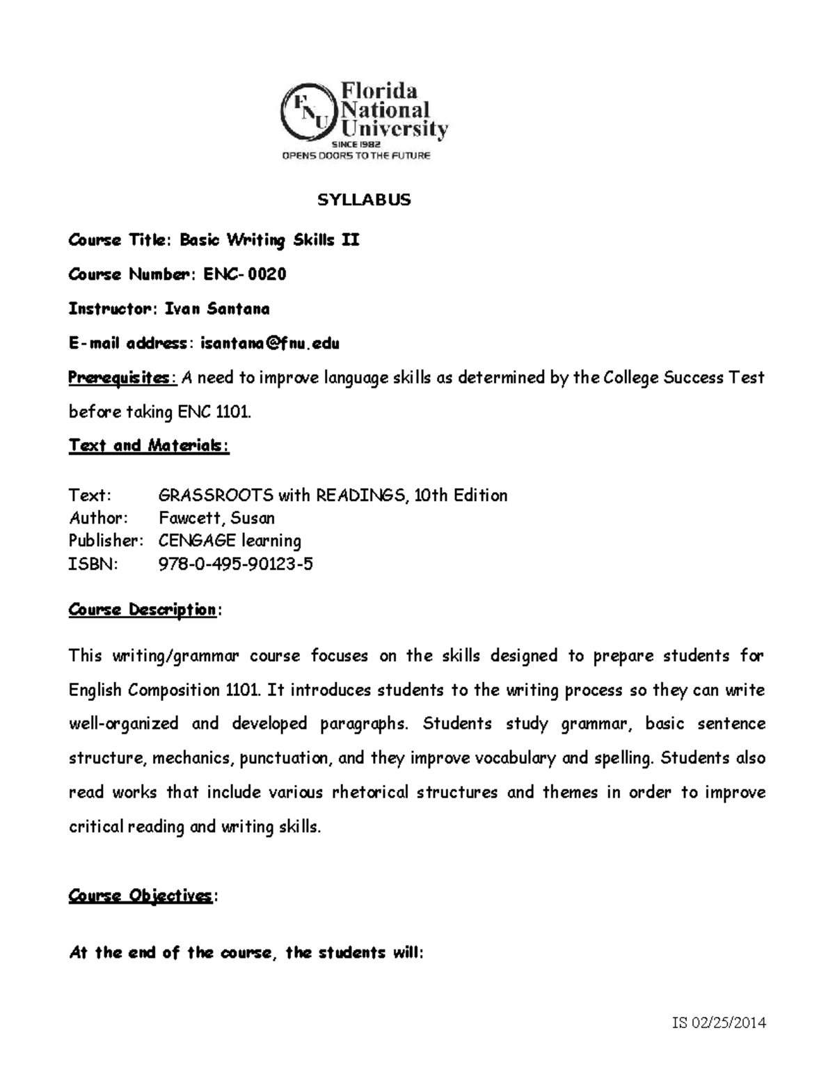 ENC 0020 Syllabus: Basic Writing Skills II Course Overview and Policies ...