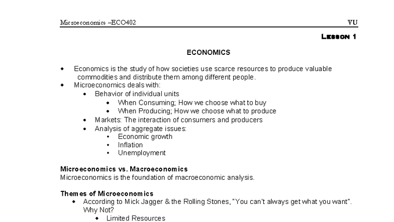 Microeconomics VU Lesson 1: Introduction to Economic Principles and ...
