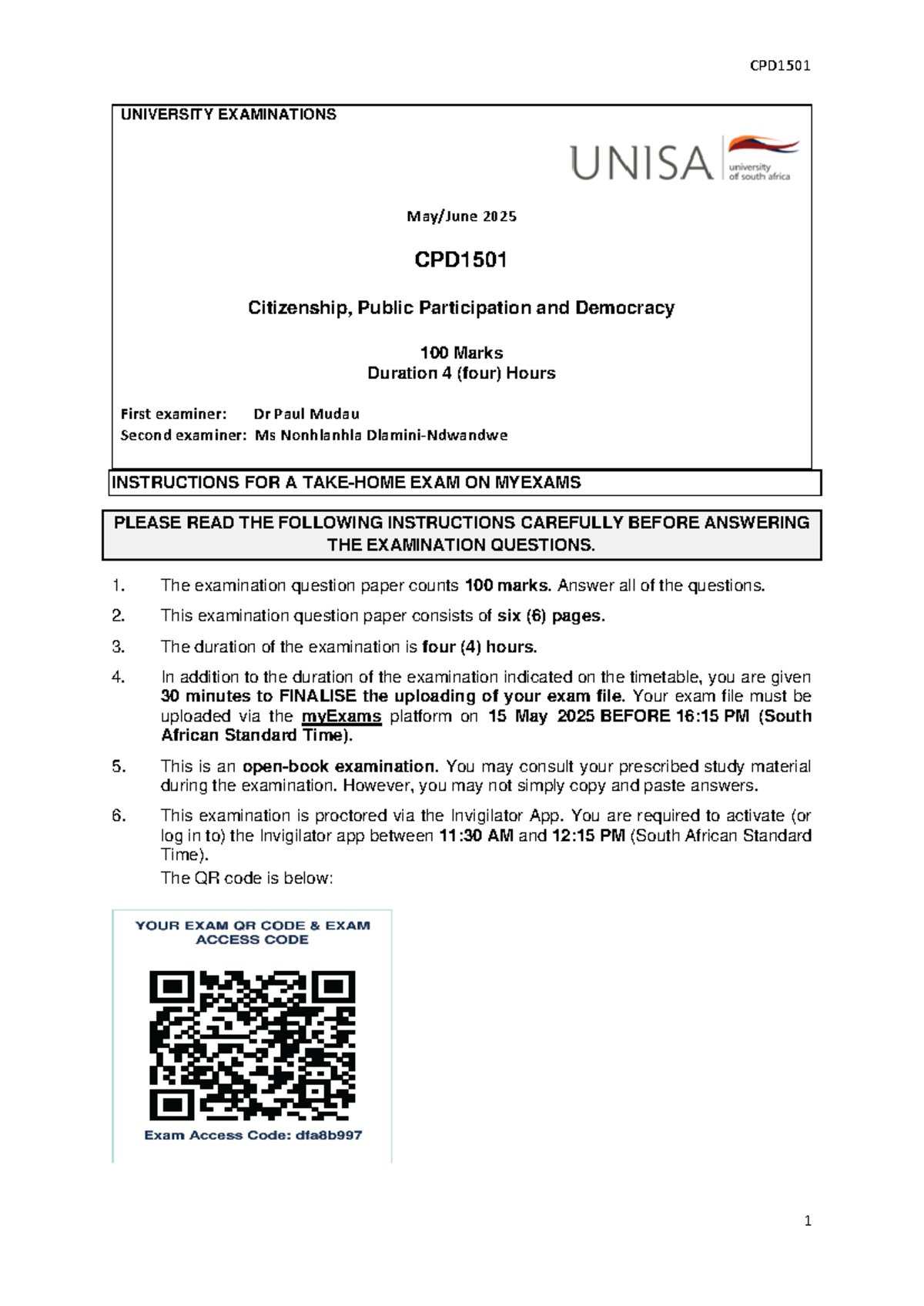 CPD1501 May 2025 Final Exam: Citizenship, Democracy & Public ...