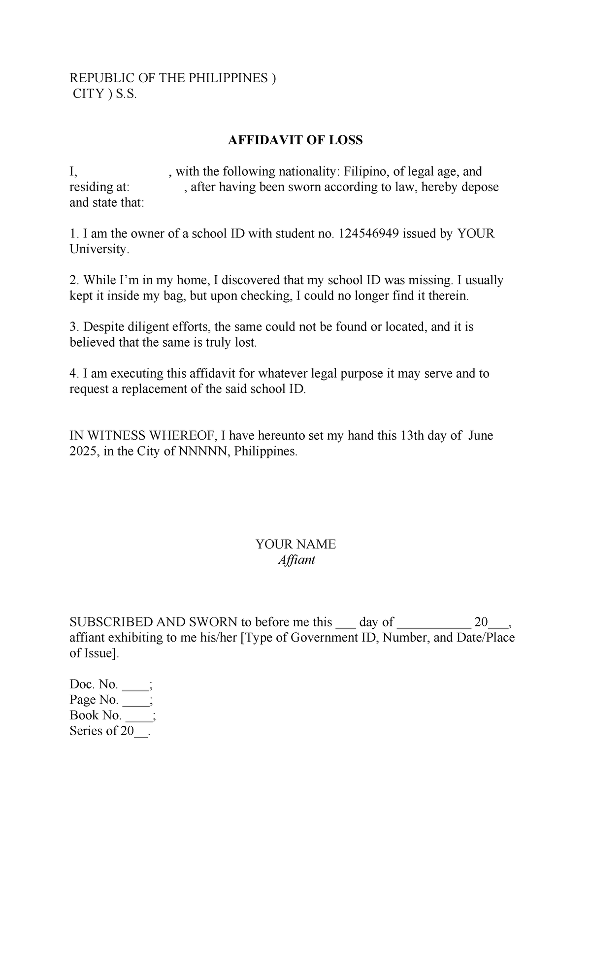 Affidavit of Loss Sample Format for School ID Replacement - Studocu