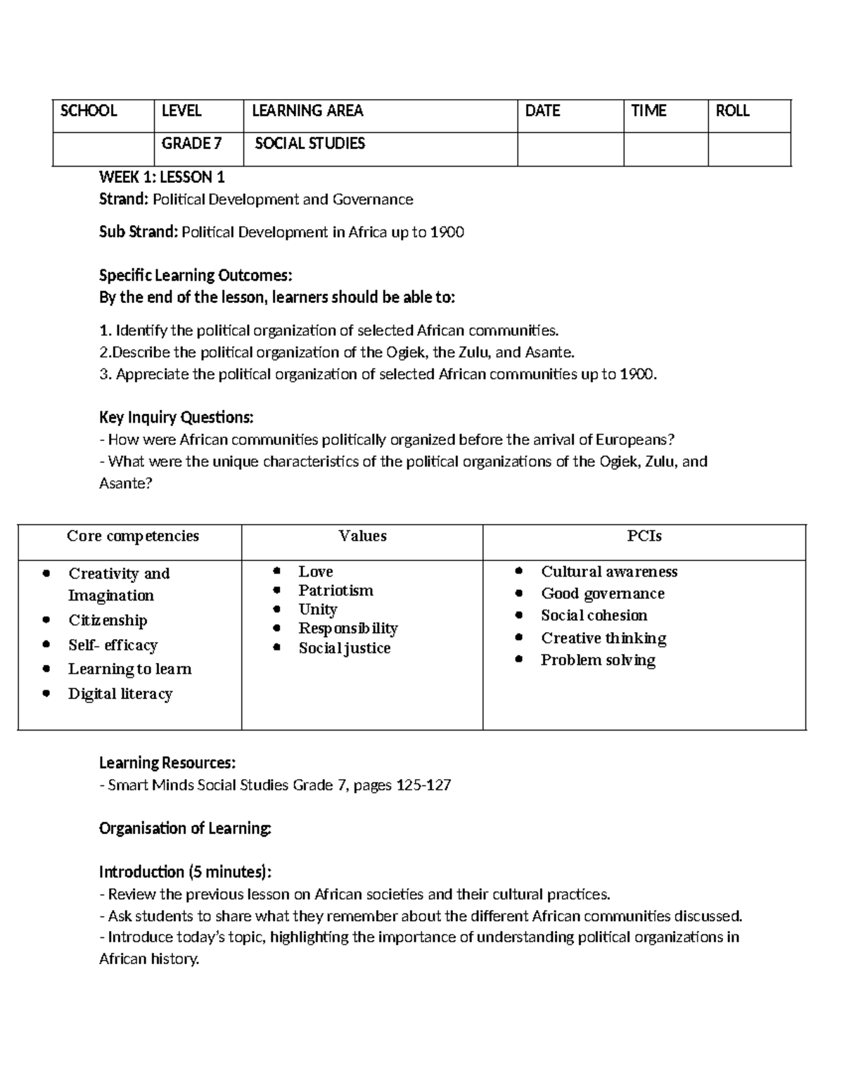 Grade 7 Social Studies Term 3 Lesson Plans: Political Development in ...