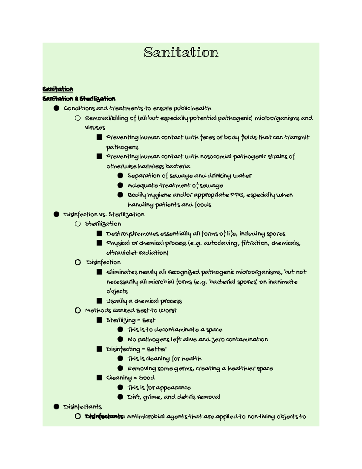 Sanitation Lecture Notes - Key Concepts and Disinfectant Methods - Studocu