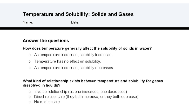 Temperature and Solubility: Solids & Gases Worksheet - Studocu