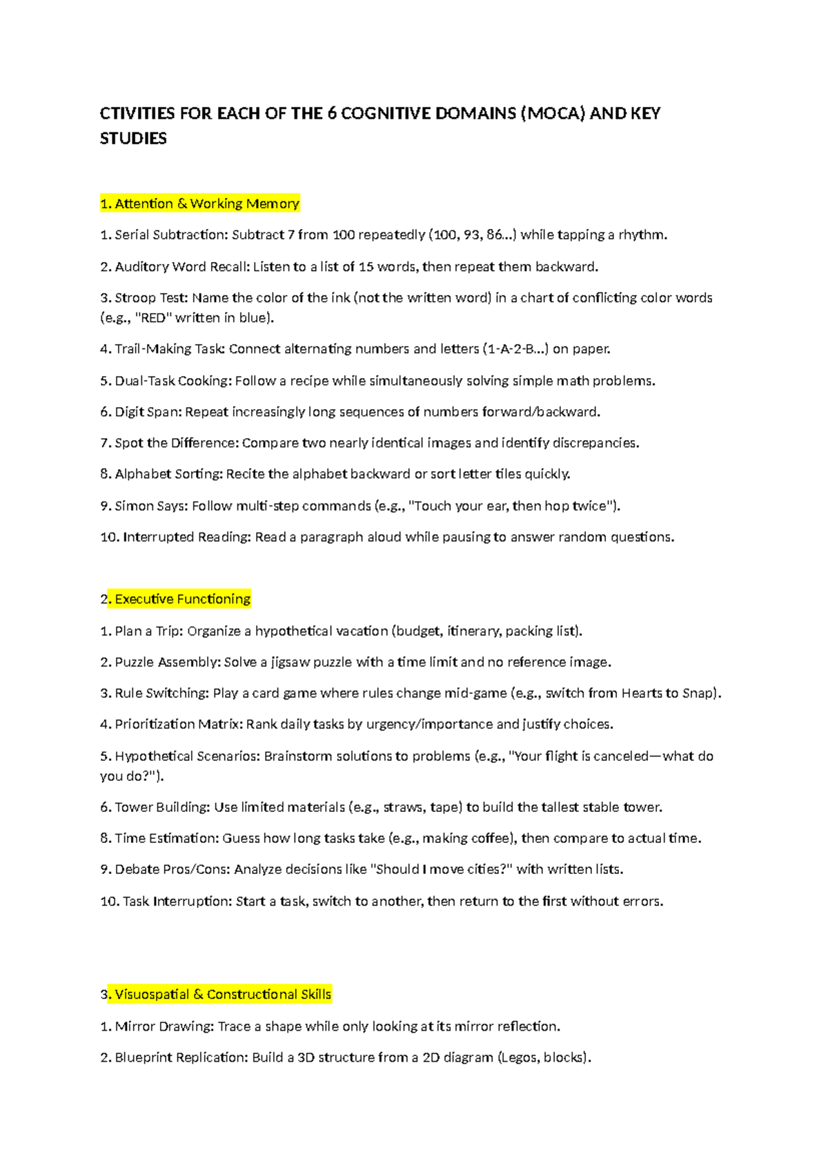 Activities for each of the 6 cognitive domains (MOCA) and key studies ...