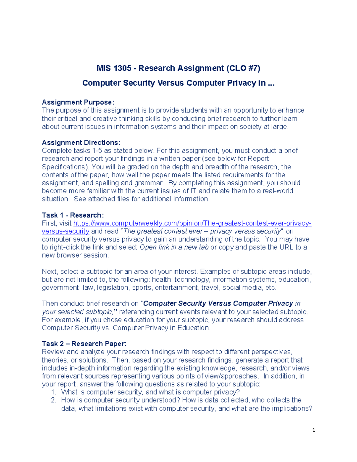 MIS 1305 Research Assignment: Computer Security vs. Privacy Analysis ...