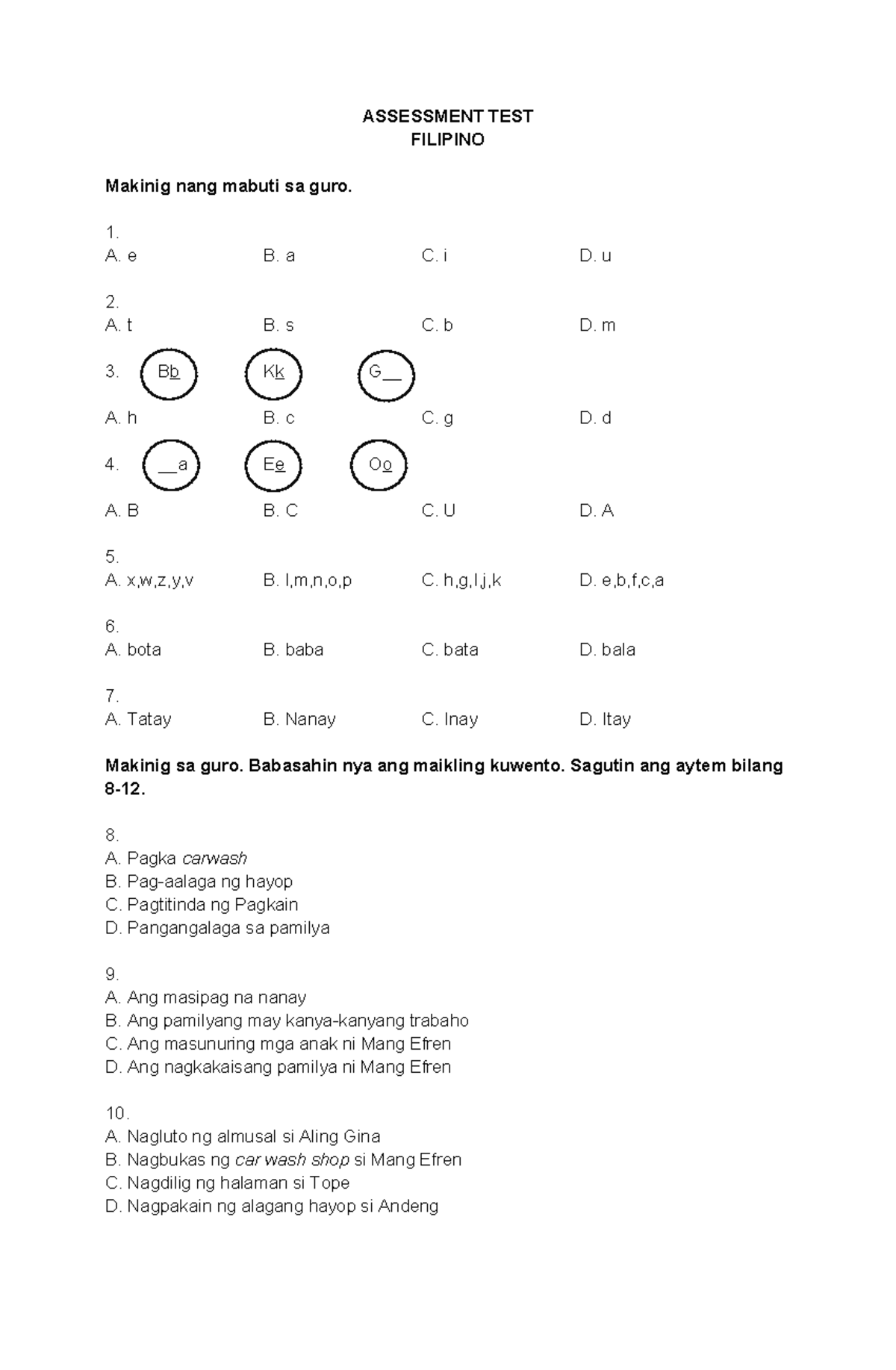 Reviewer in Filipino - ASSESSMENT TEST FILIPINO Makinig nang mabuti sa ...