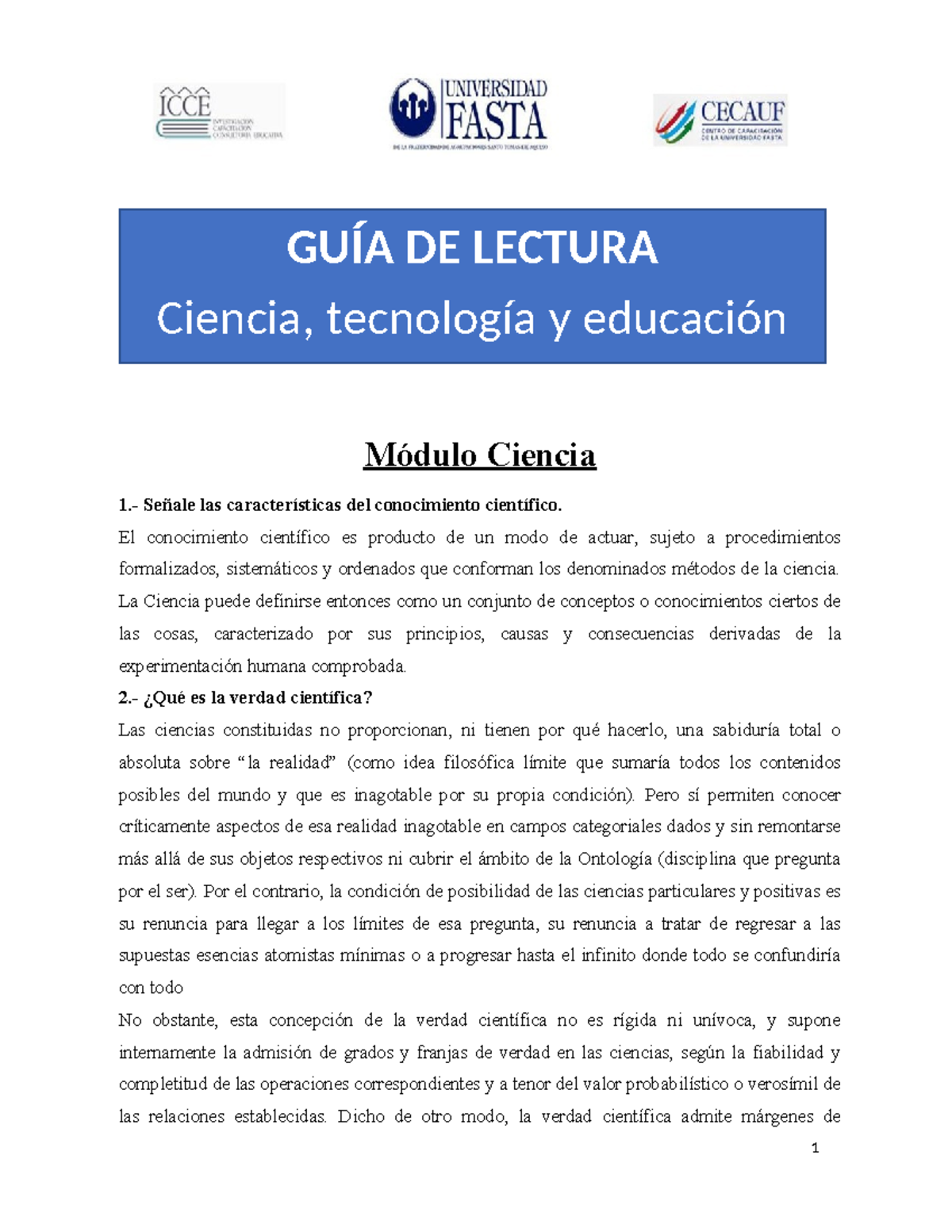 GUÍA DE Lectura Ciencia Tecnología Y Educación Final - Módulo Ciencia 1 ...