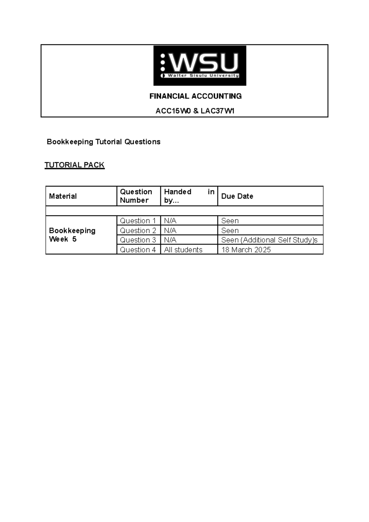 Financial Accounting ACC15W0 LAC37W1 Week 5 Bookkeeping Tutorial ...