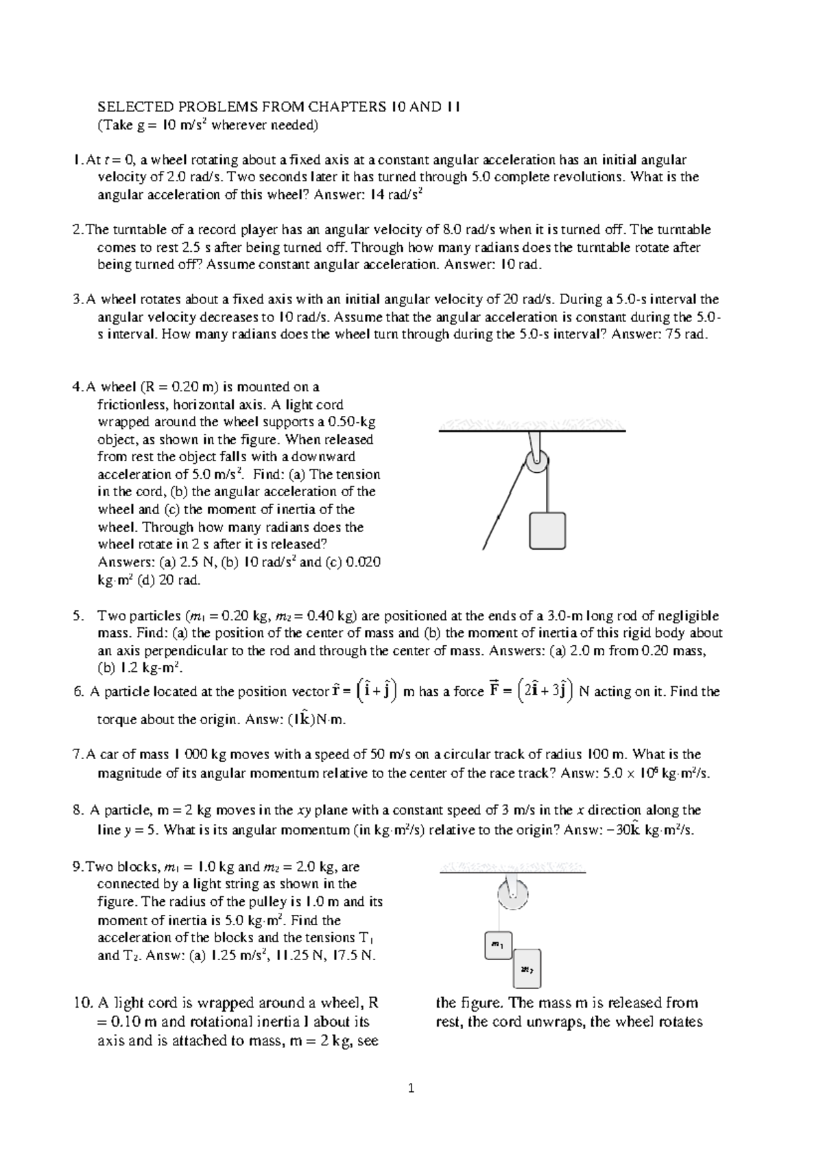 Selected Problems for Physics - Ch 10 & 11 Analysis - Studocu