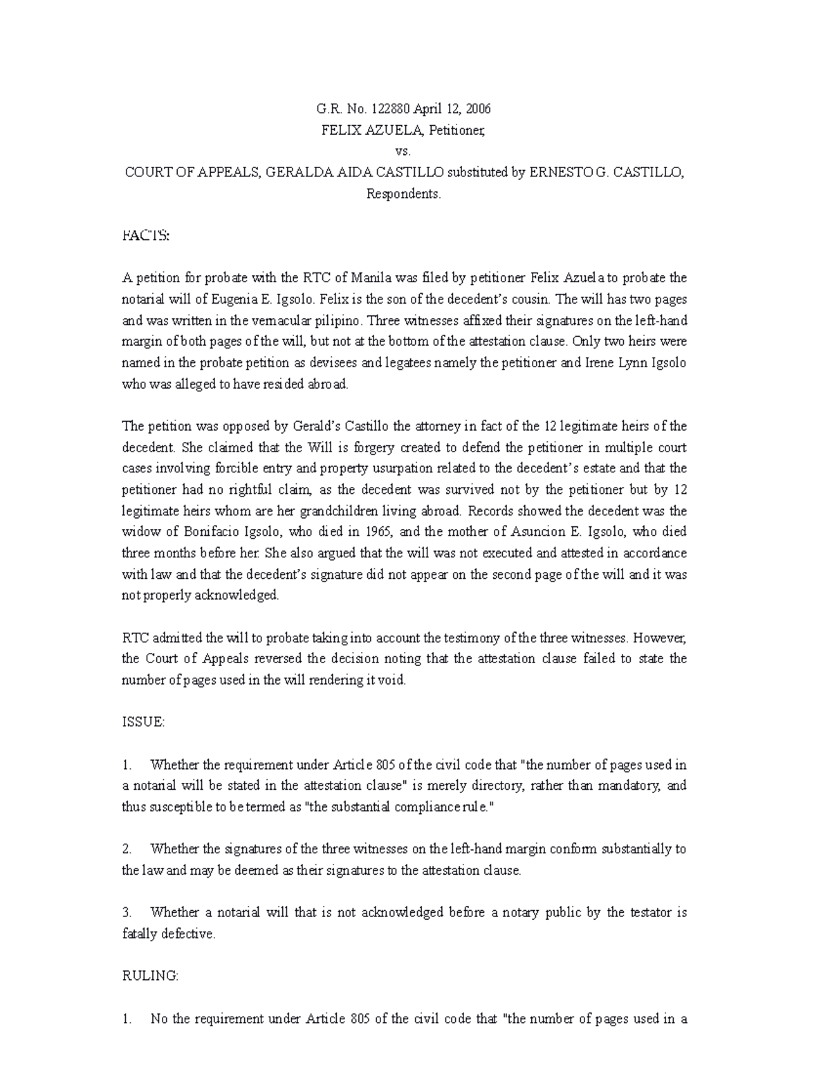 G.R. No. 122880: Case Study on Notarial Will Validity Issues - Studocu