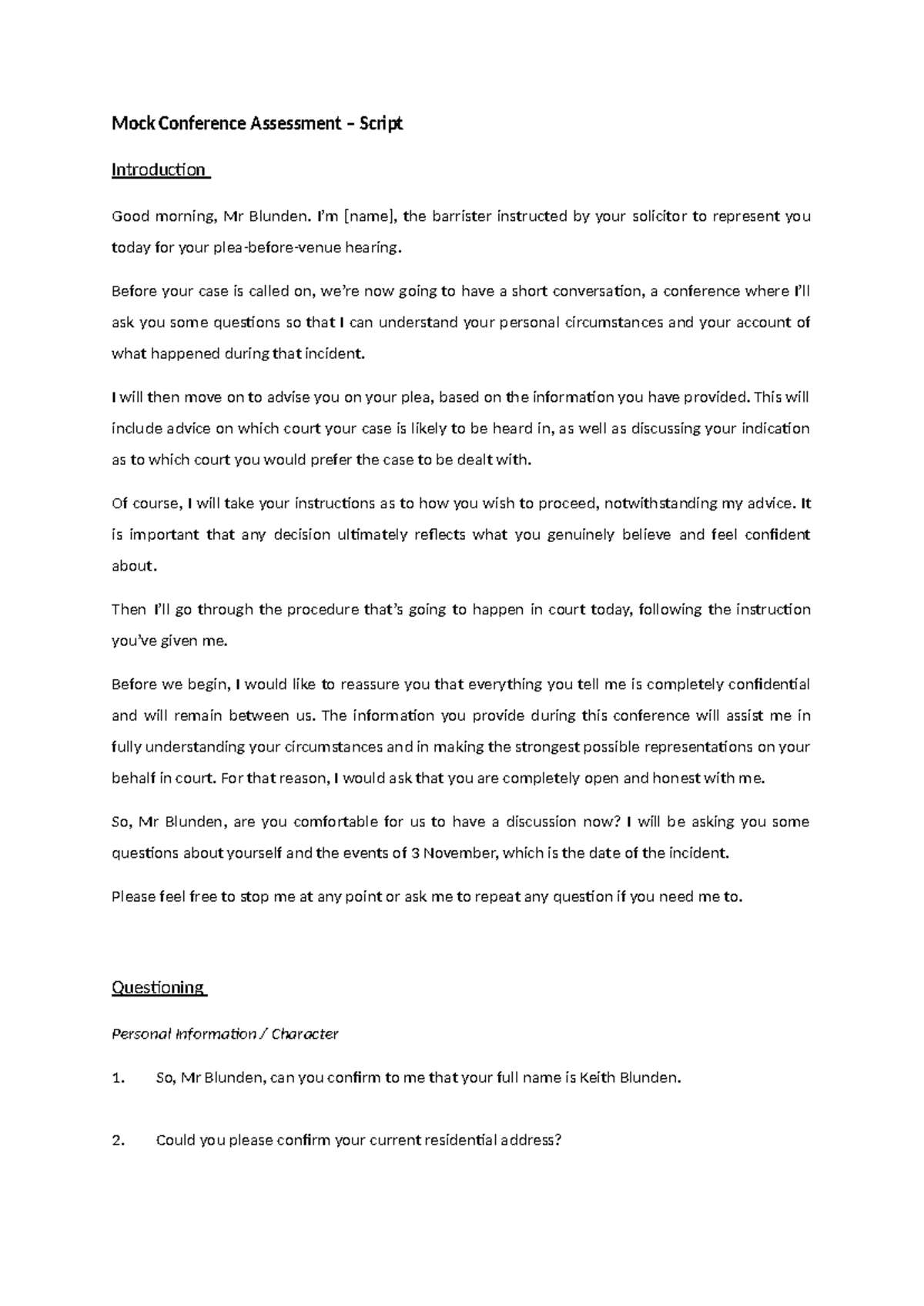 Mock Conference Assessment Script for Legal Hearing - Studocu