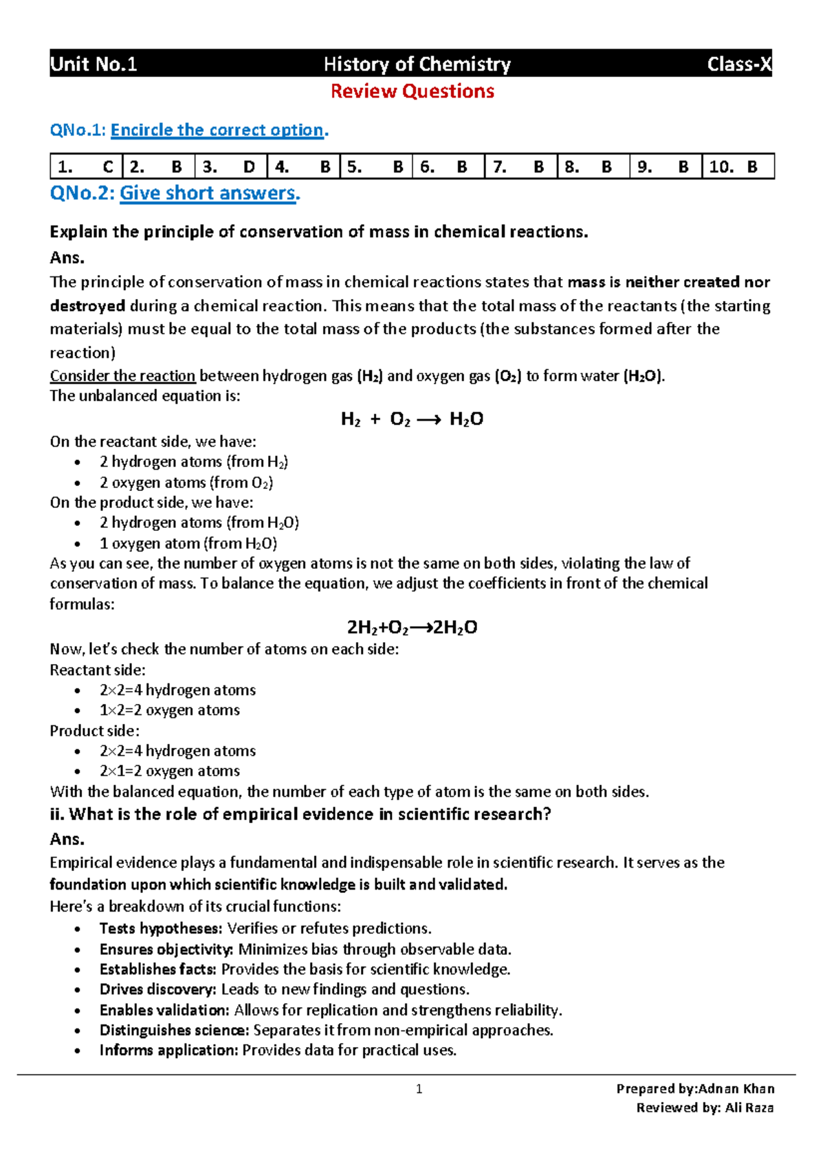 Unit No.1 History of Chemistry: Review Questions & Answers - Studocu