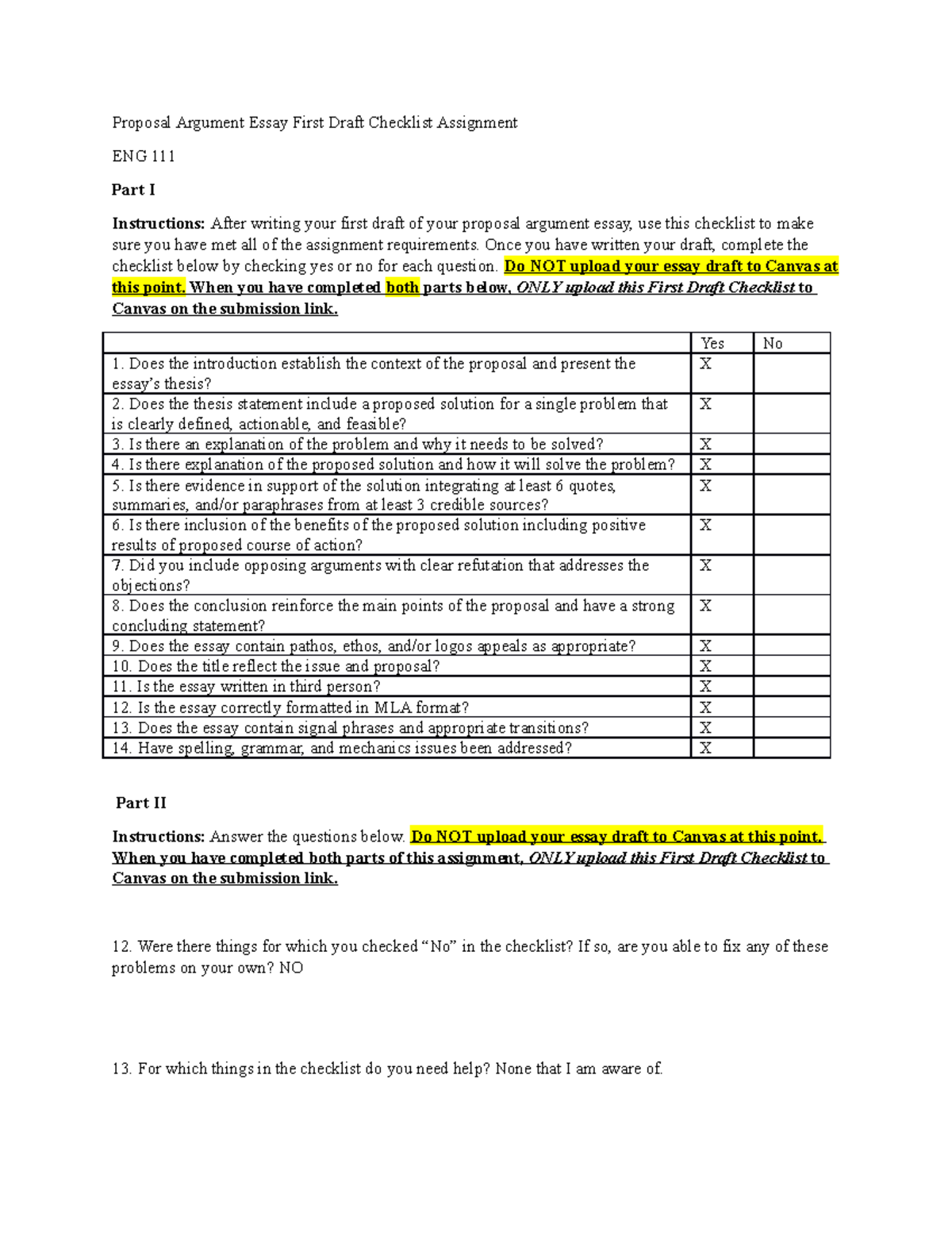 Proposal Argument Essay First Draft Checklist Assignment (2 ...