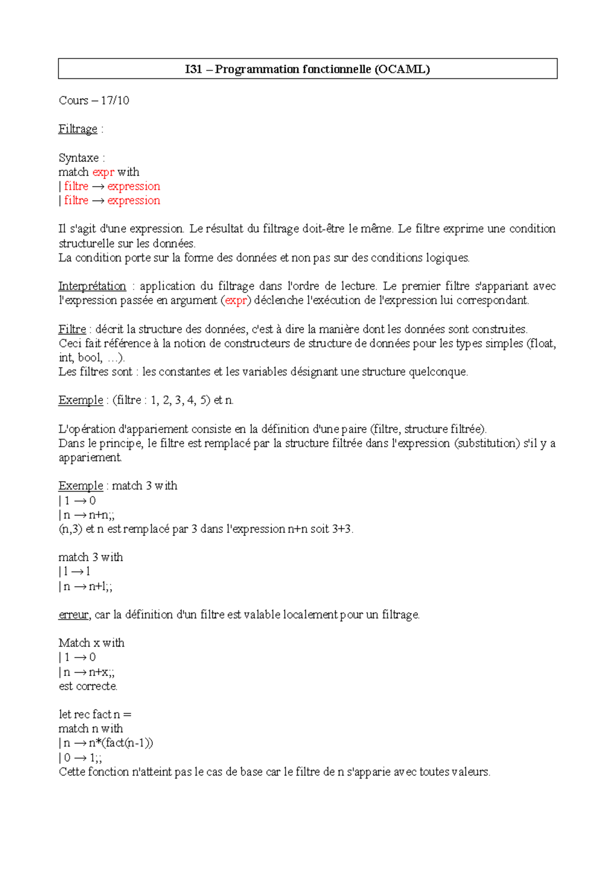 I31 cours 17 10 - I31 – Programmation fonctionnelle (OCAML) Cours – 17/ Filtrage : Syntaxe ...
